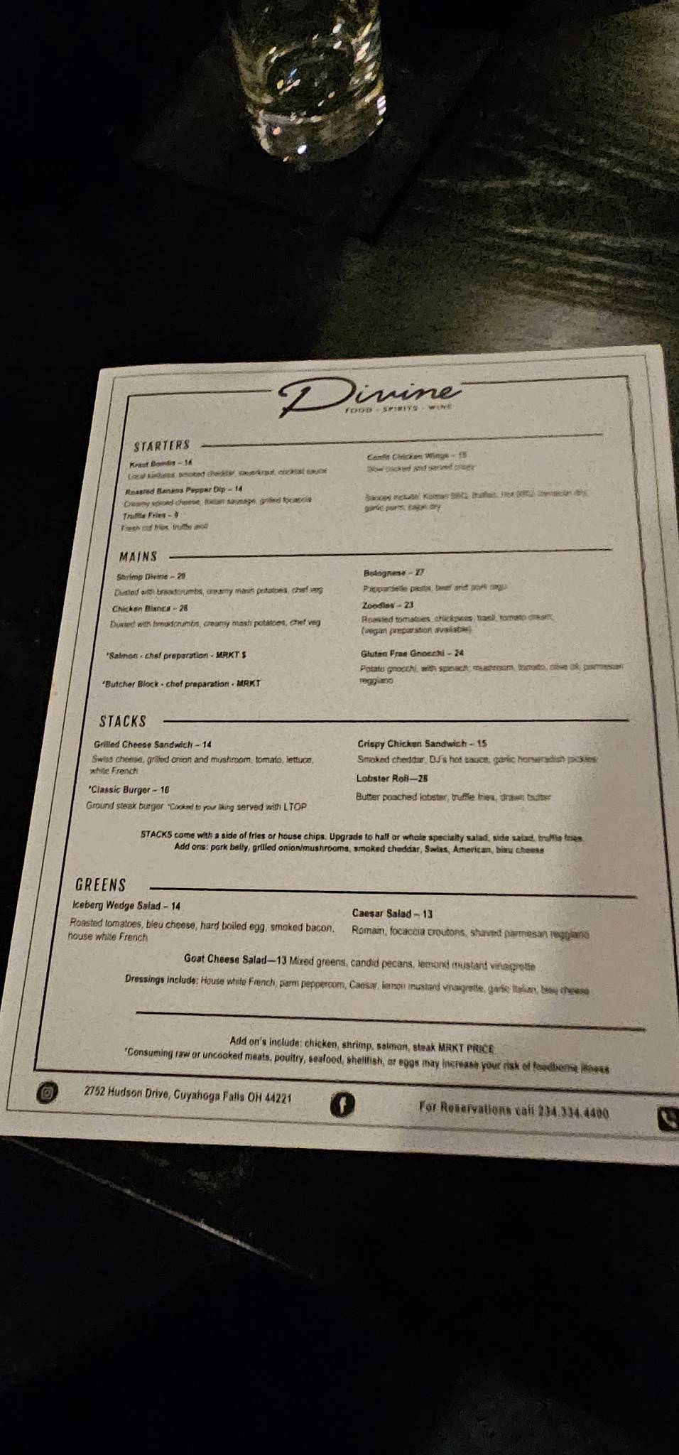 Menu at Divine Restaurant, Cuyahoga Falls