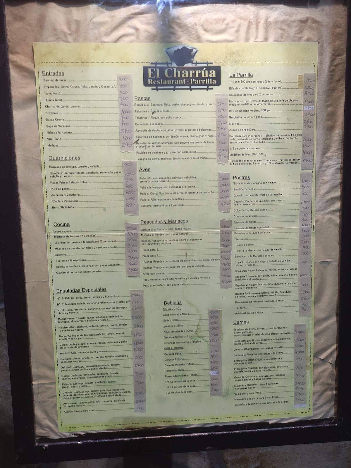 Menu at El Charrúa Restaurante y Parrillada, Salta, Caseros 221