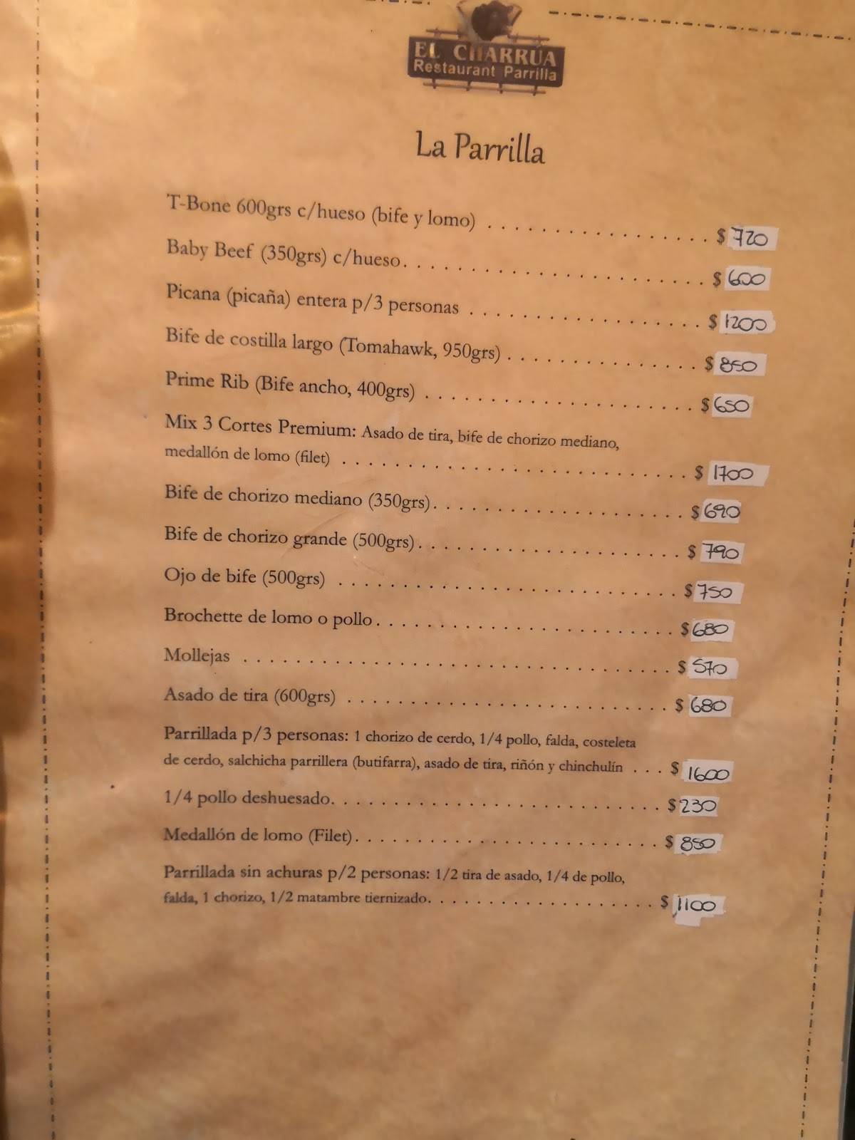 Menu at El Charrúa Restaurante y Parrillada, Salta, Caseros 221