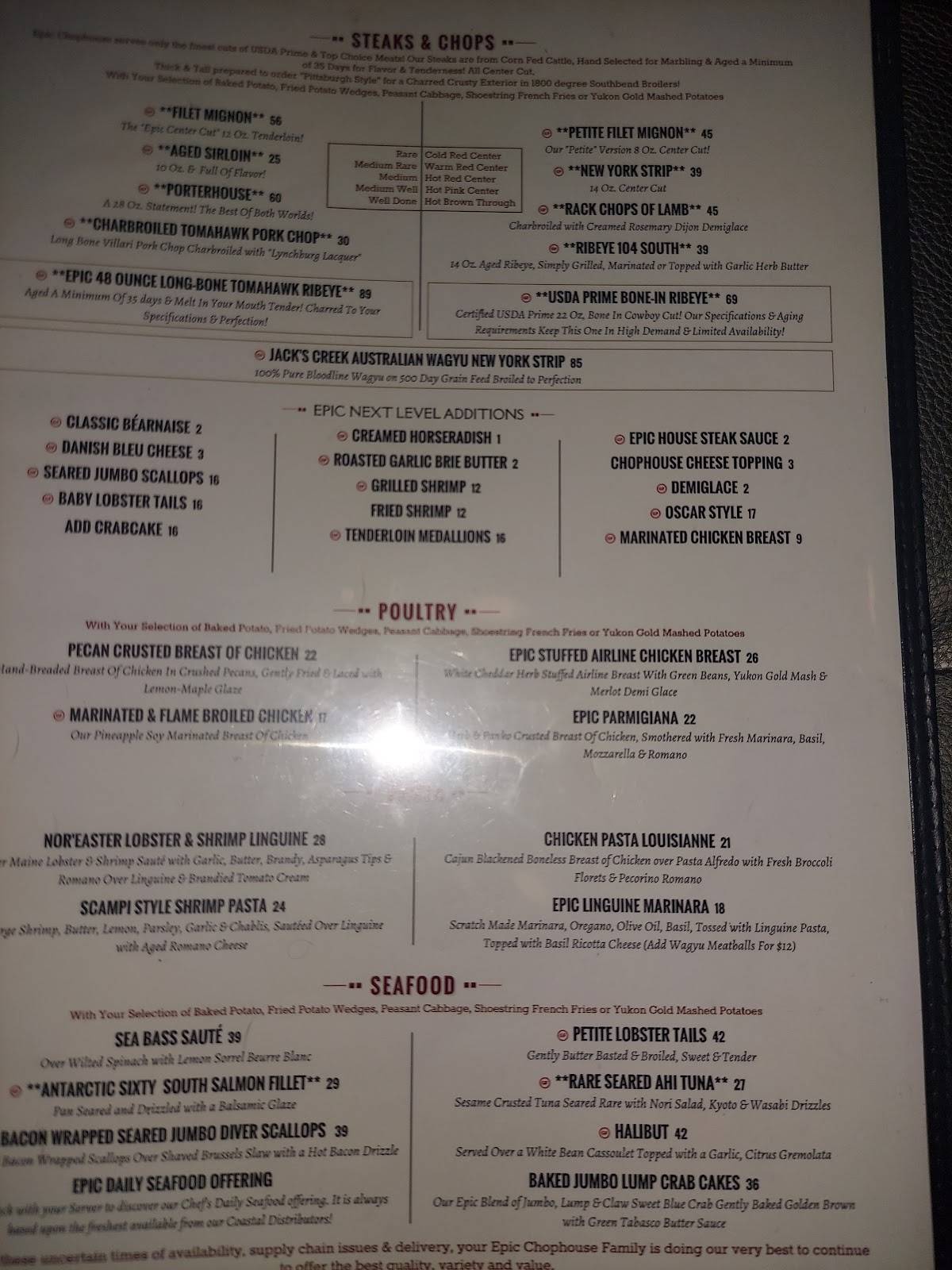 Menu at Epic Chophouse at Kingsley pub & bar, Fort Mill