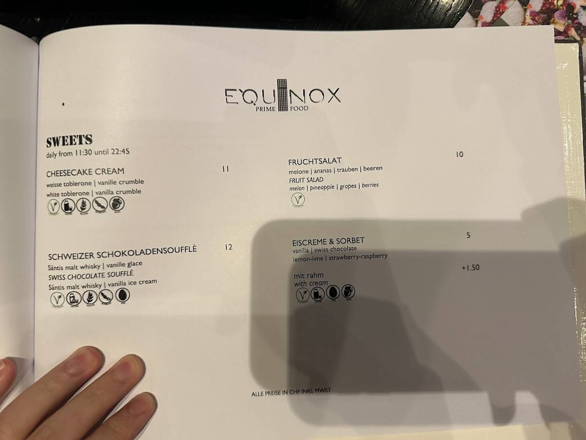 Menu at Equinox, Zürich, Turbinenstrasse 20