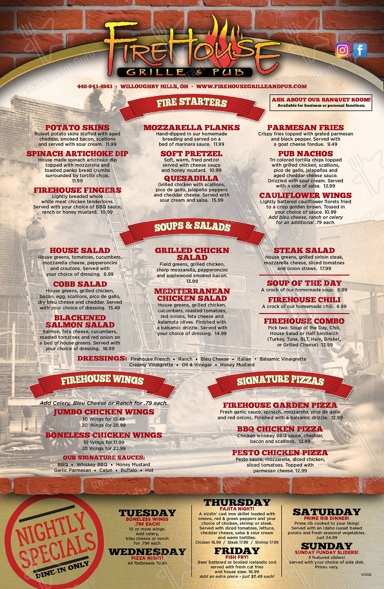 Menu at Firehouse Grille & Pub, Willoughby Hills