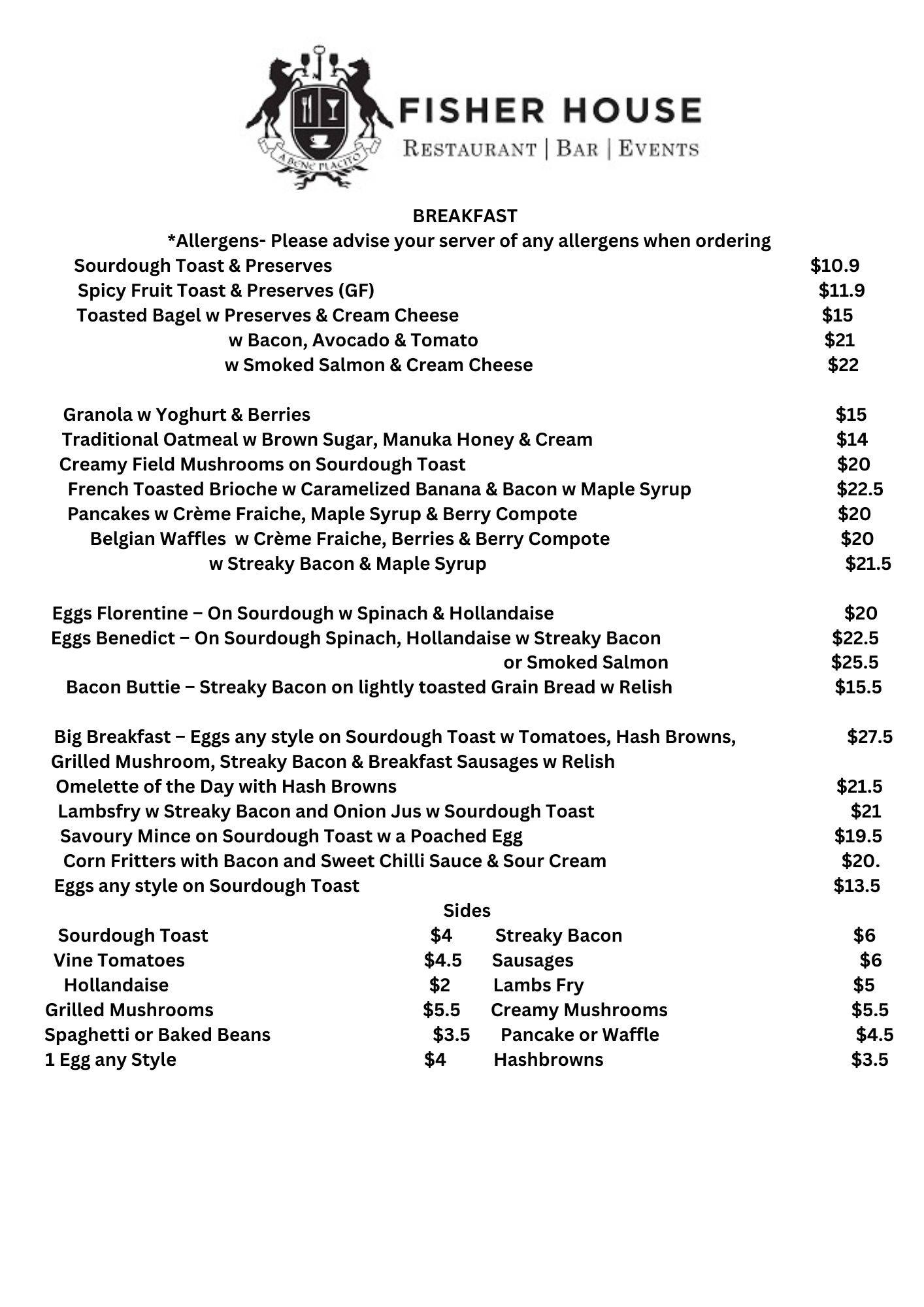 Menu at Fisher House restaurant, Auckland