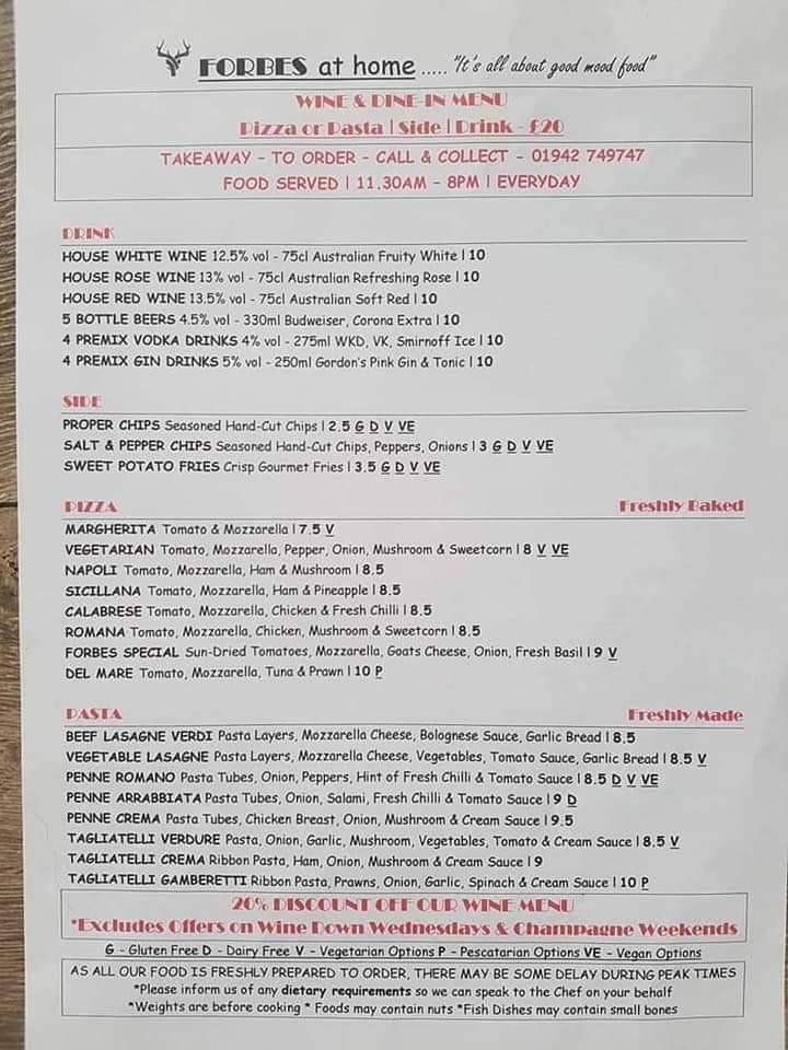 Menu at Forbes on the Lane pub & bar, Wigan
