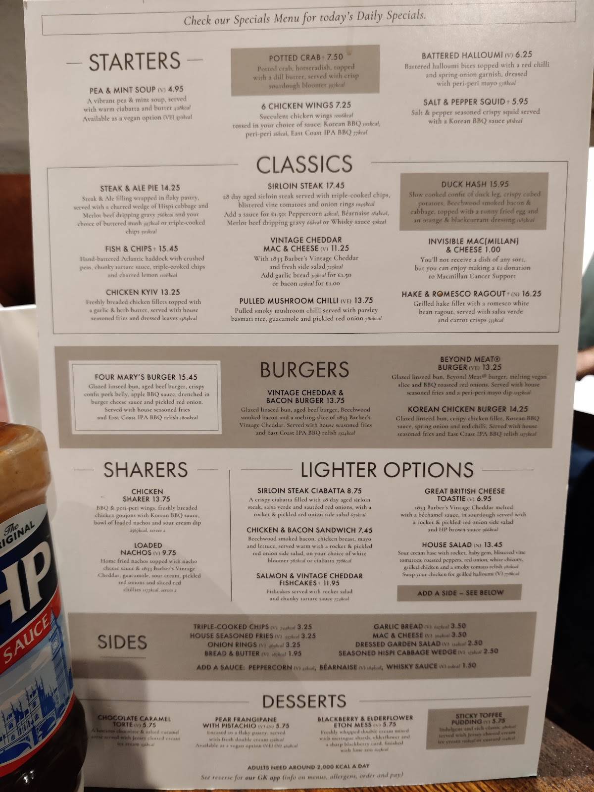 Menu at Four Marys pub & bar, Linlithgow