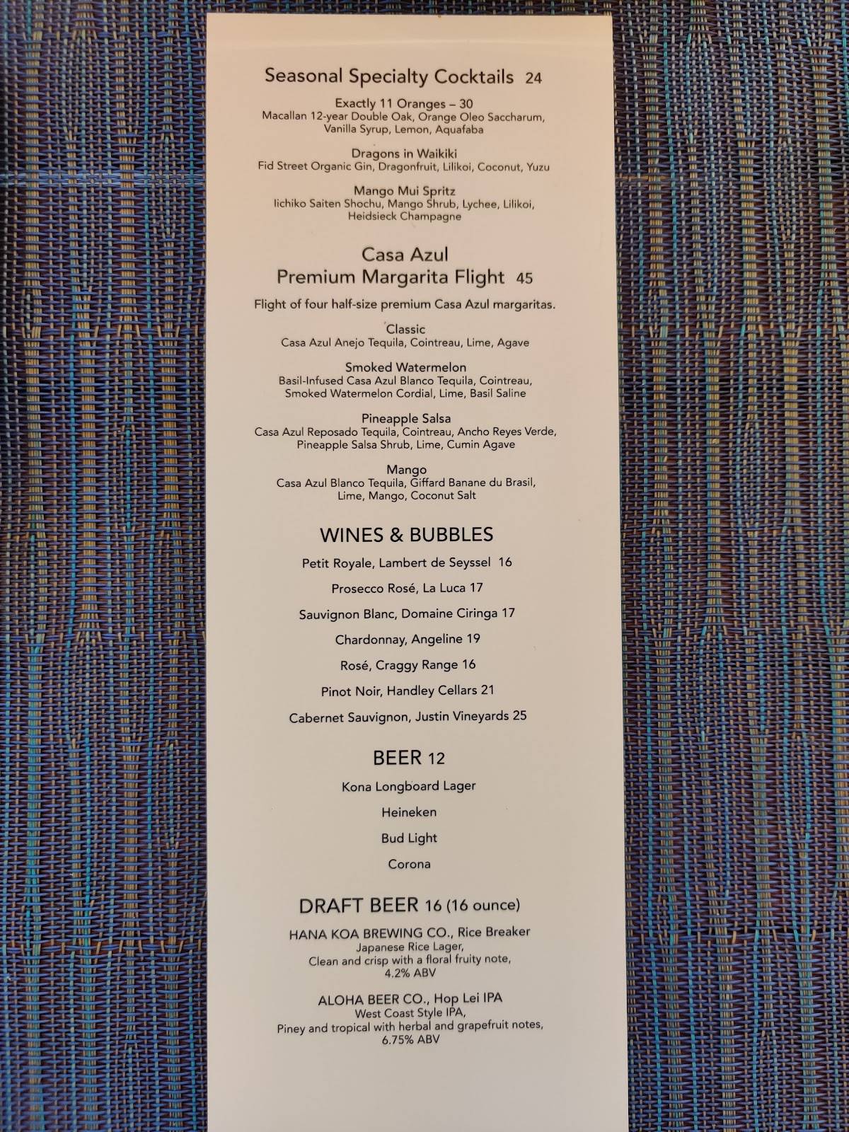 Menu at House Without A Key pub & bar, Honolulu