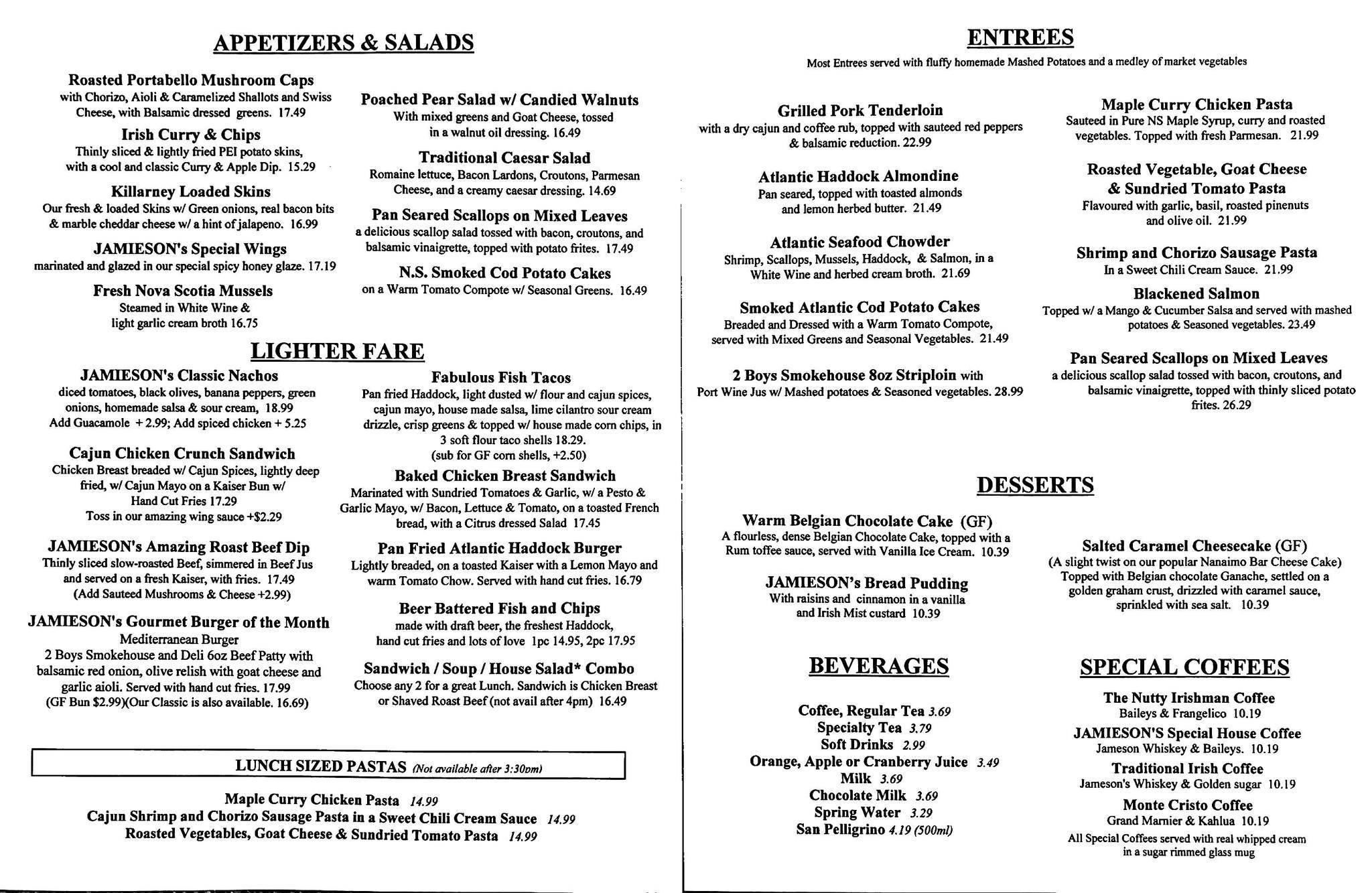 Menu at Jamieson's Irish House & Grill pub & bar, Dartmouth