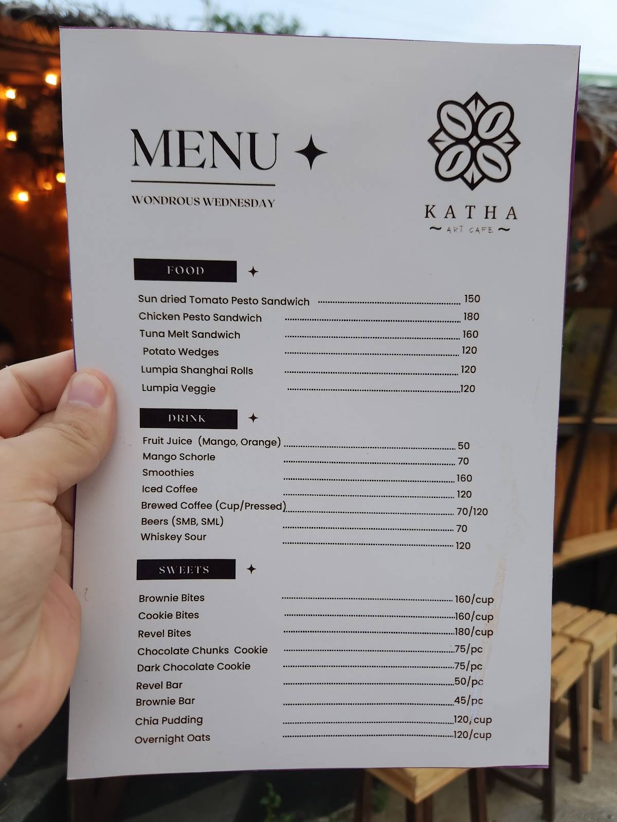 Menu at Katha Art Cafe, Puerto Galera
