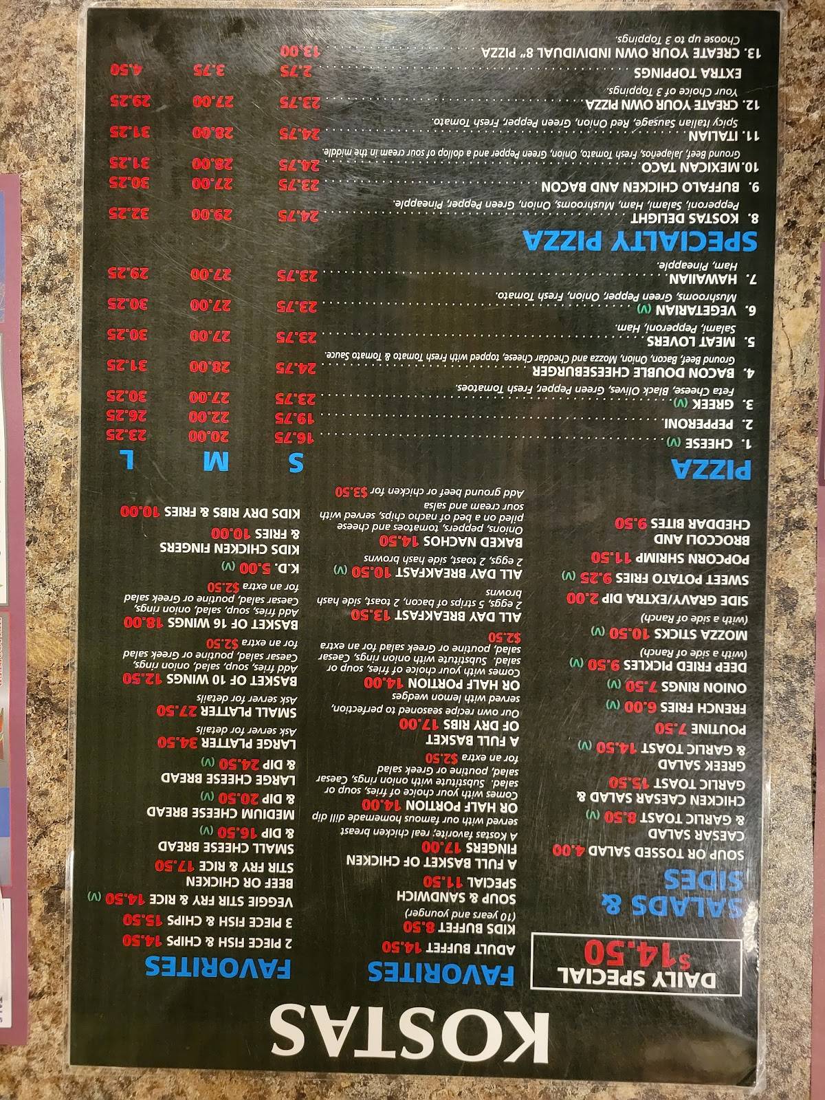 Menu at Kosta's Lounge pub & bar, La Ronge