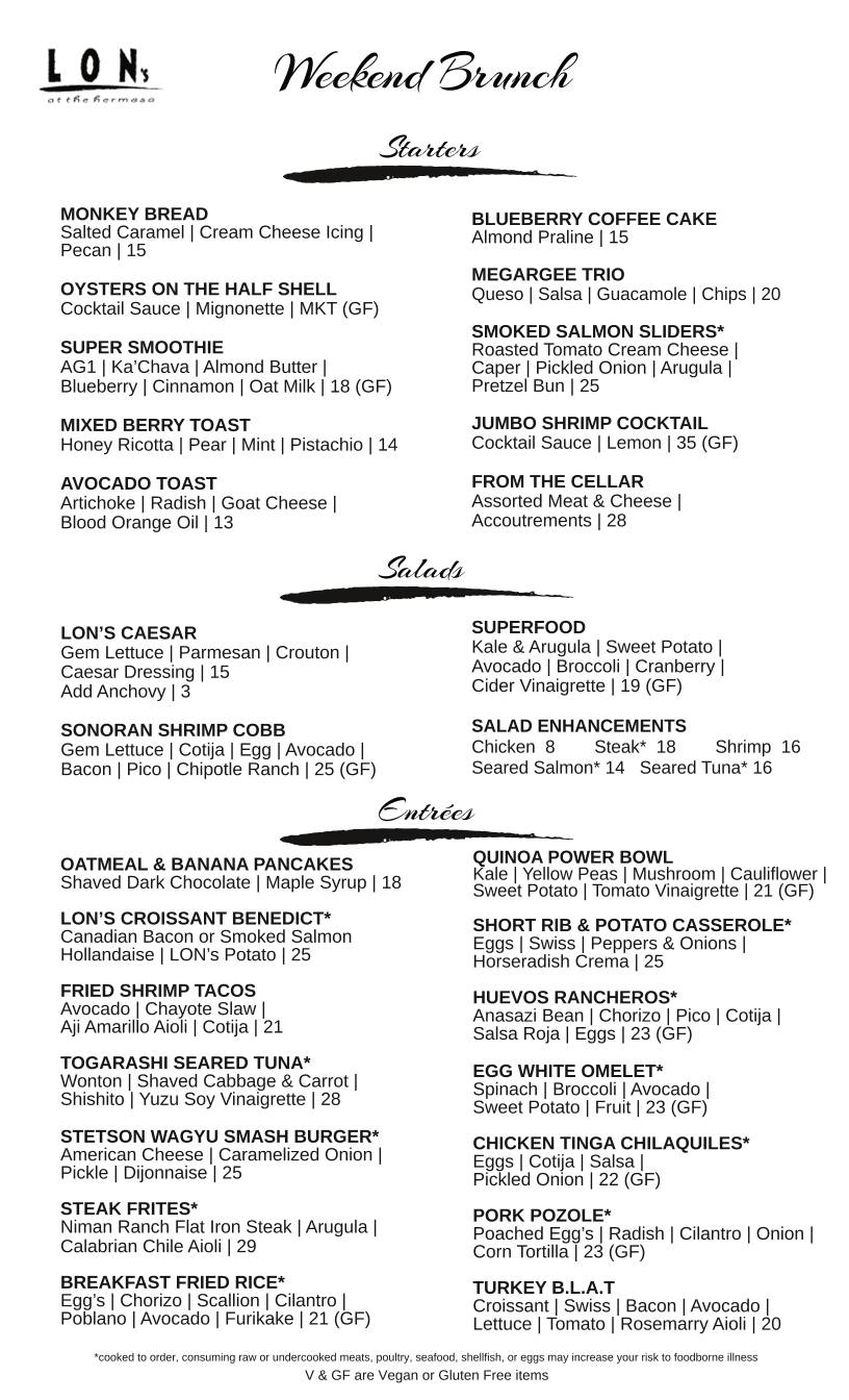 Menu at LON’s at The Hermosa Inn pub & bar, Paradise Valley