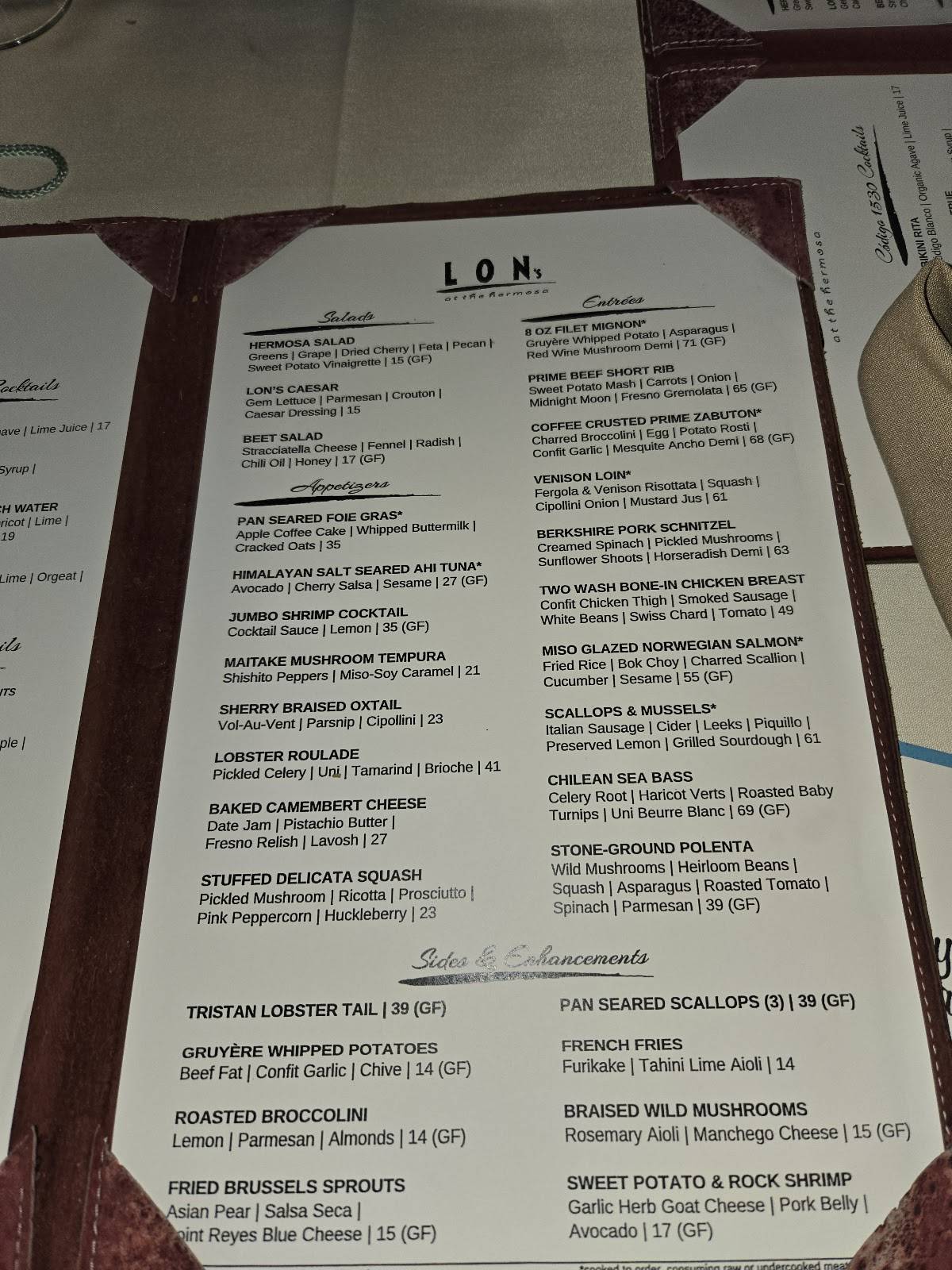 Carta del pub y bar LON’s at The Hermosa Inn, Paradise Valley