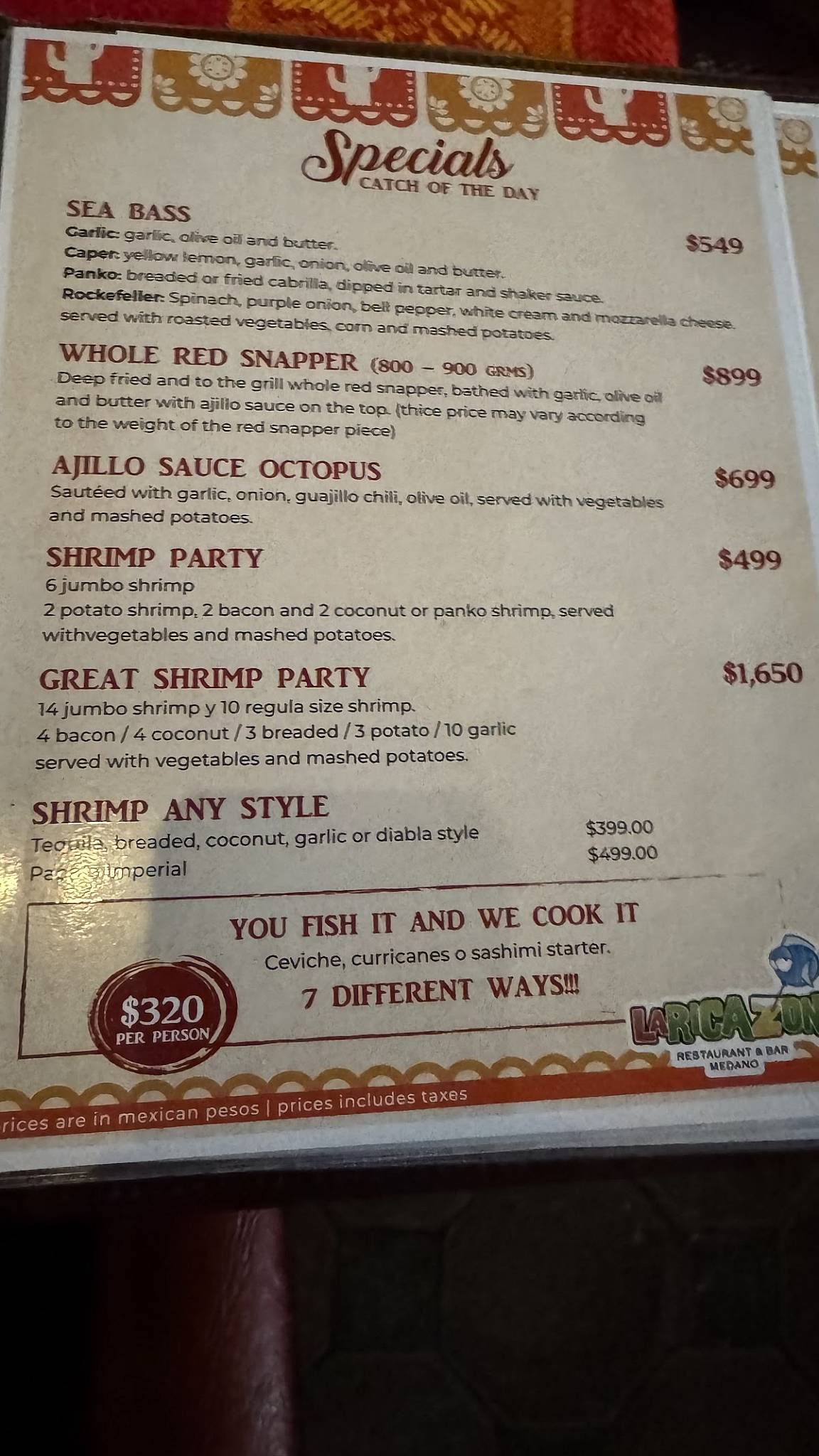 Menu at La Ricazon pub & bar, Cabo San Lucas, Cam. Real 629