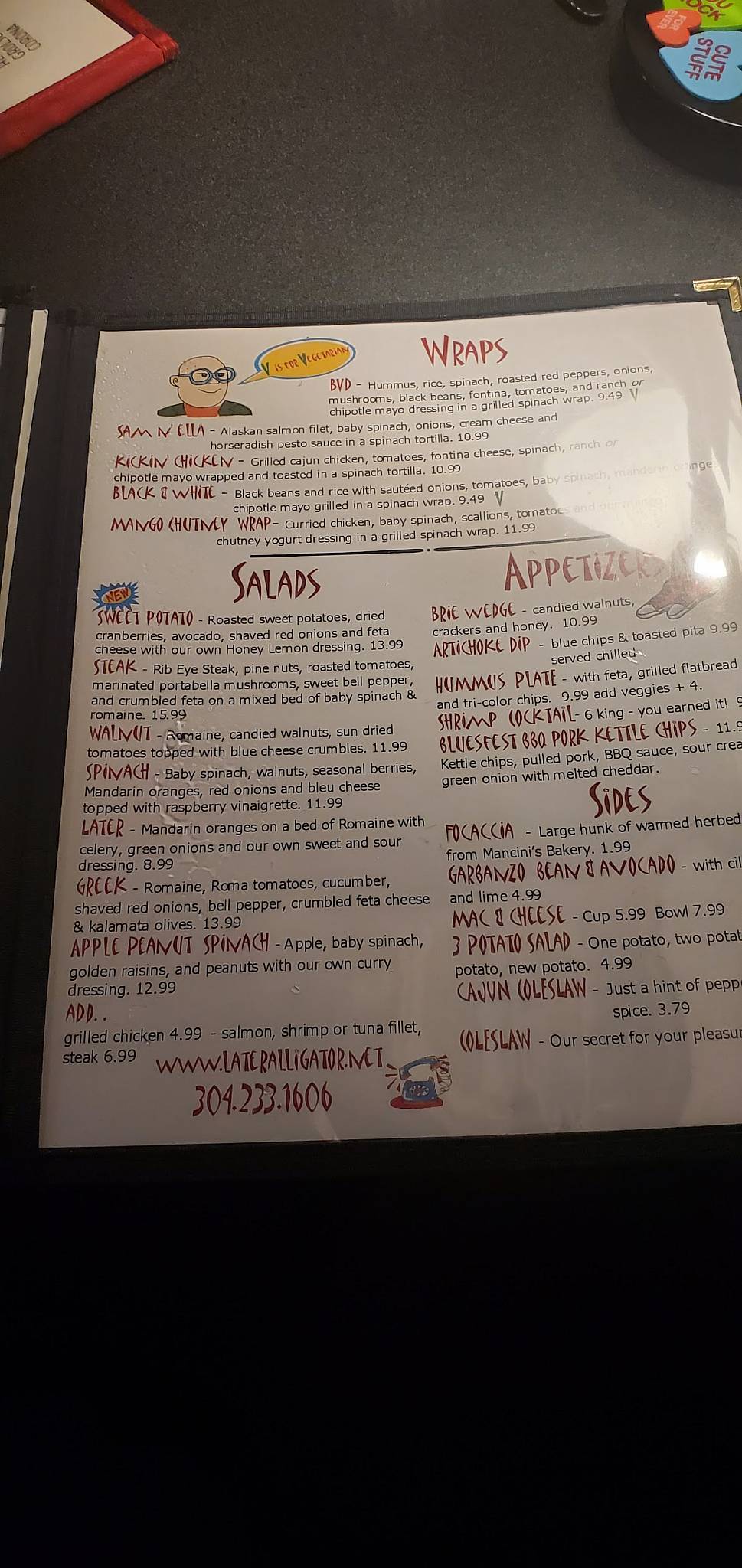 Menu at Later Alligator pub & bar, Wheeling
