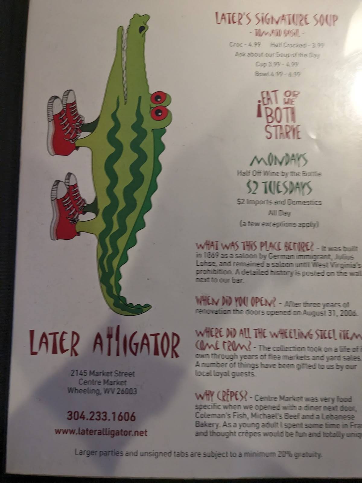 Menu at Later Alligator pub & bar, Wheeling