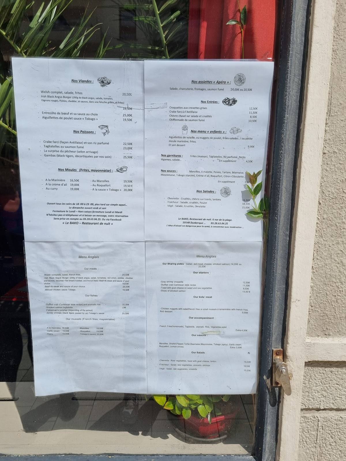 Menu au Le Bako restaurant, Dunkerque