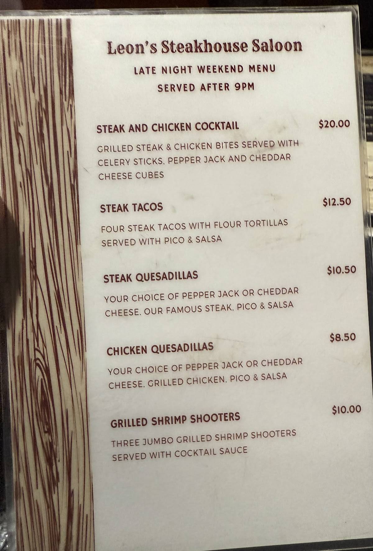 Menu at Leon's Steakhouse Saloon, Longview