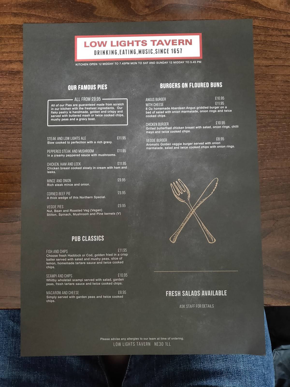 Menu at Low Lights Tavern pub & bar, North Shields