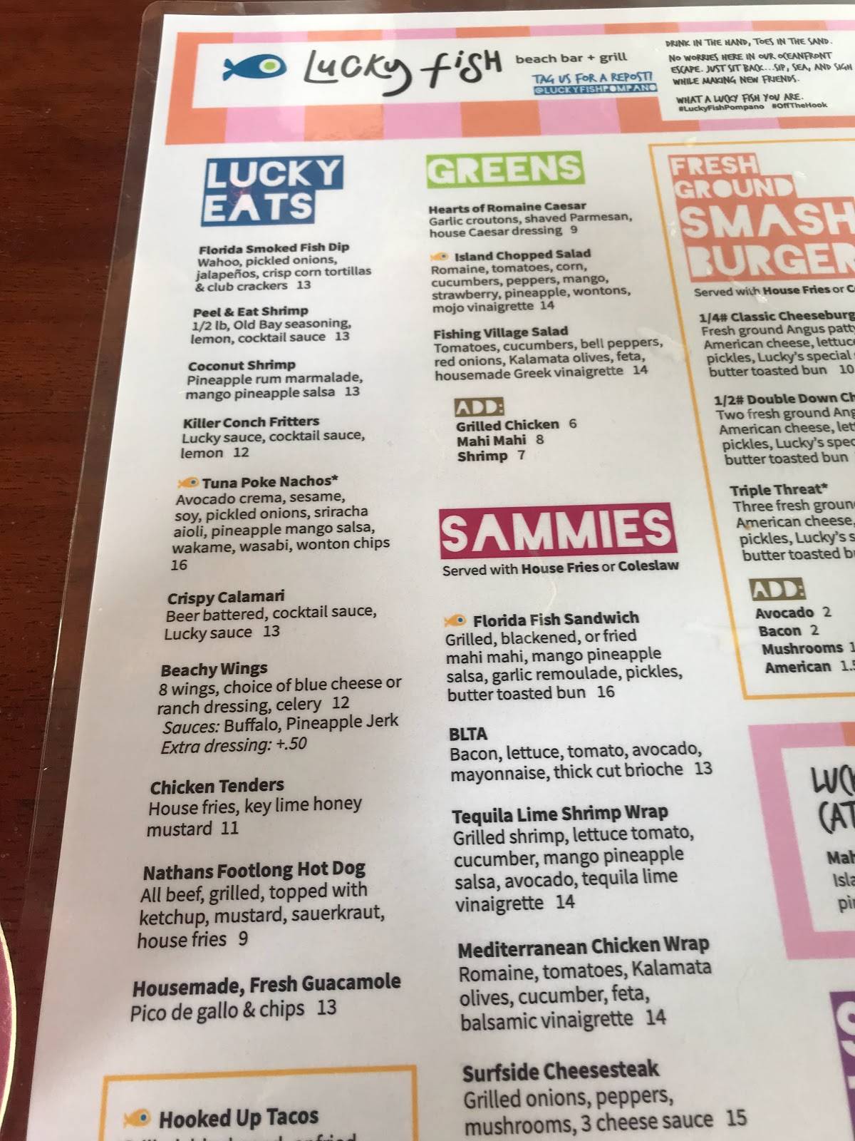 Menu at Lucky Fish Beach Bar + Grill, Pompano Beach