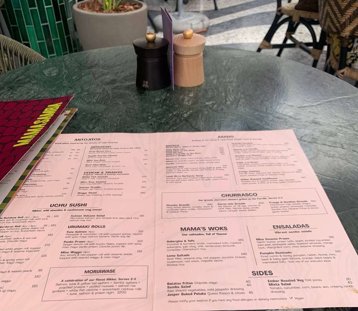Menu at MAMASAMBA pub & bar, Johannesburg
