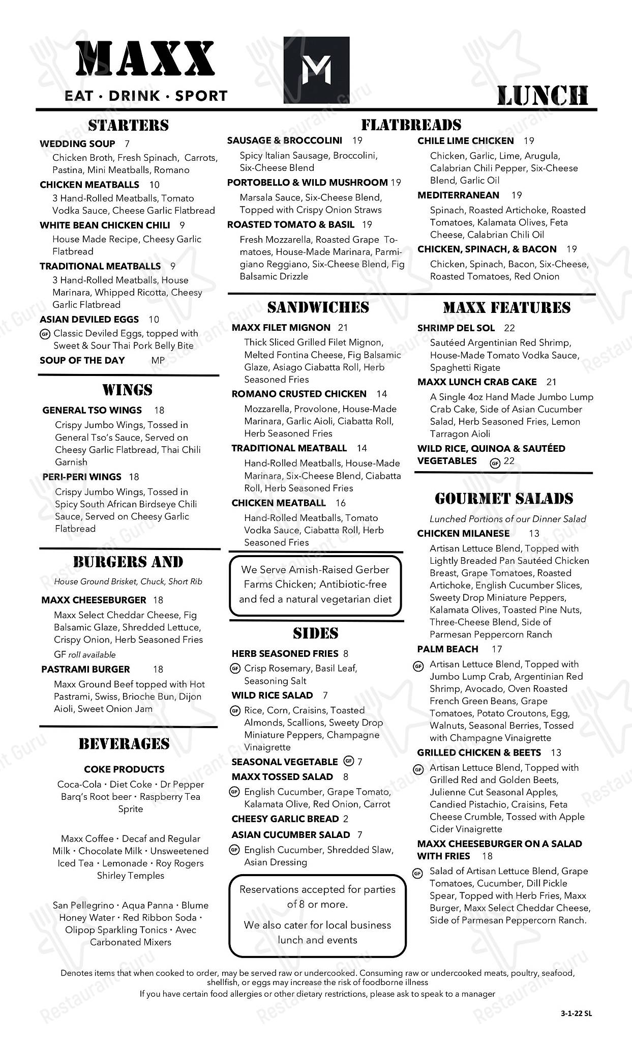 Menu at MAXX Restaurant, Warrendale