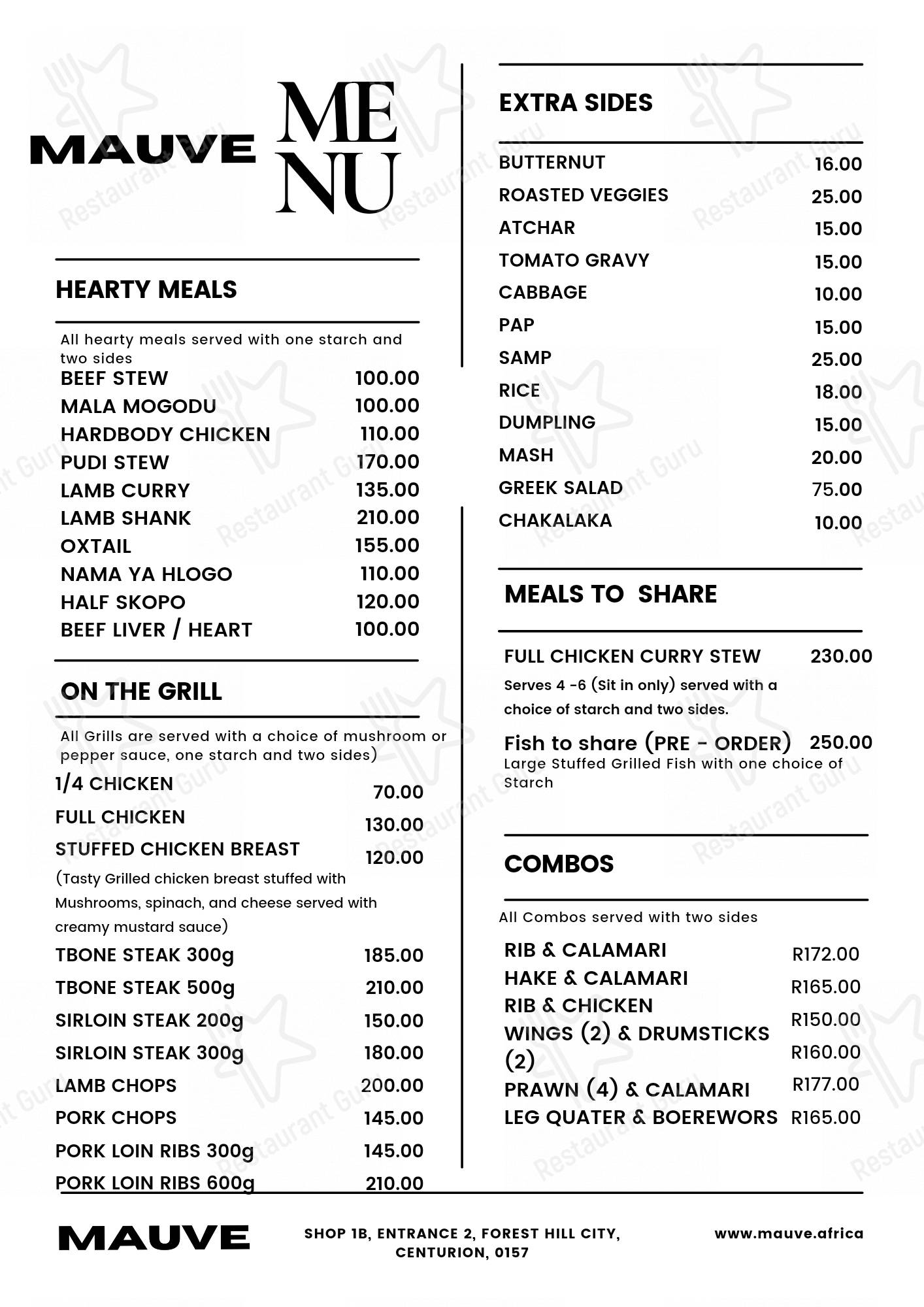 Menu at Mauve Restaurant & Champagne bar, Centurion