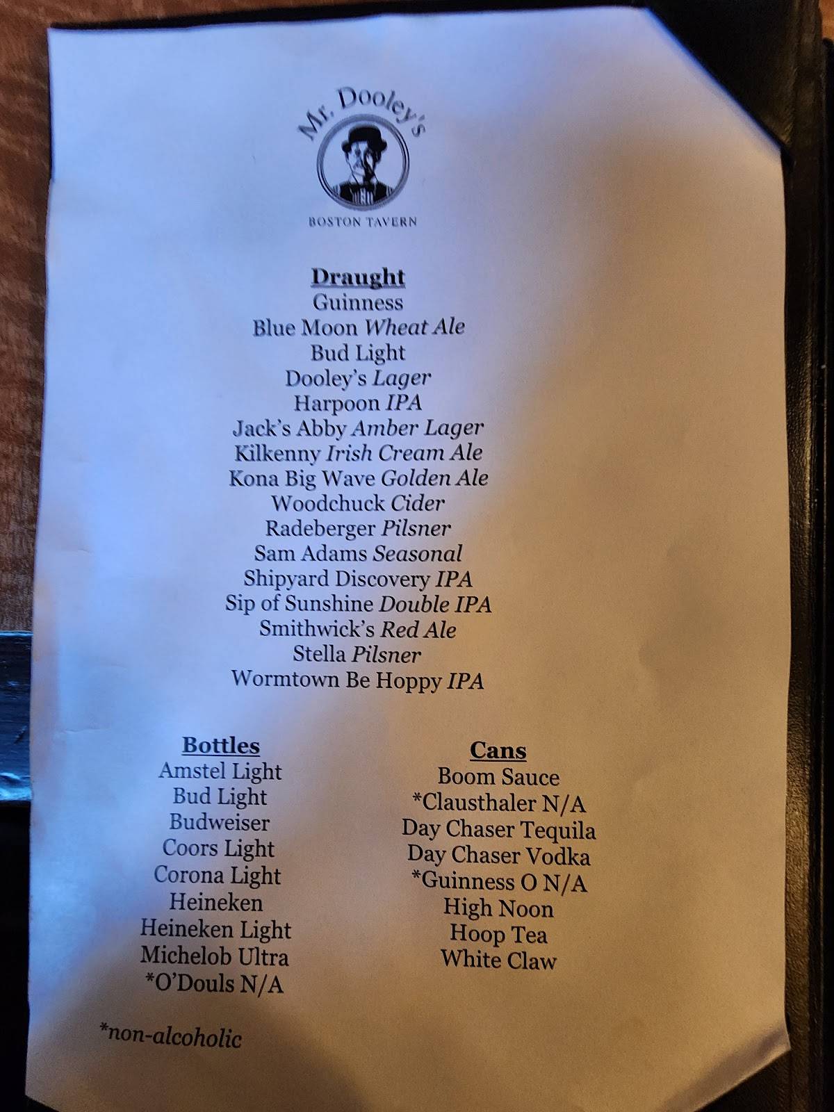 Menu at Mr. Dooley's Boston pub & bar, Boston