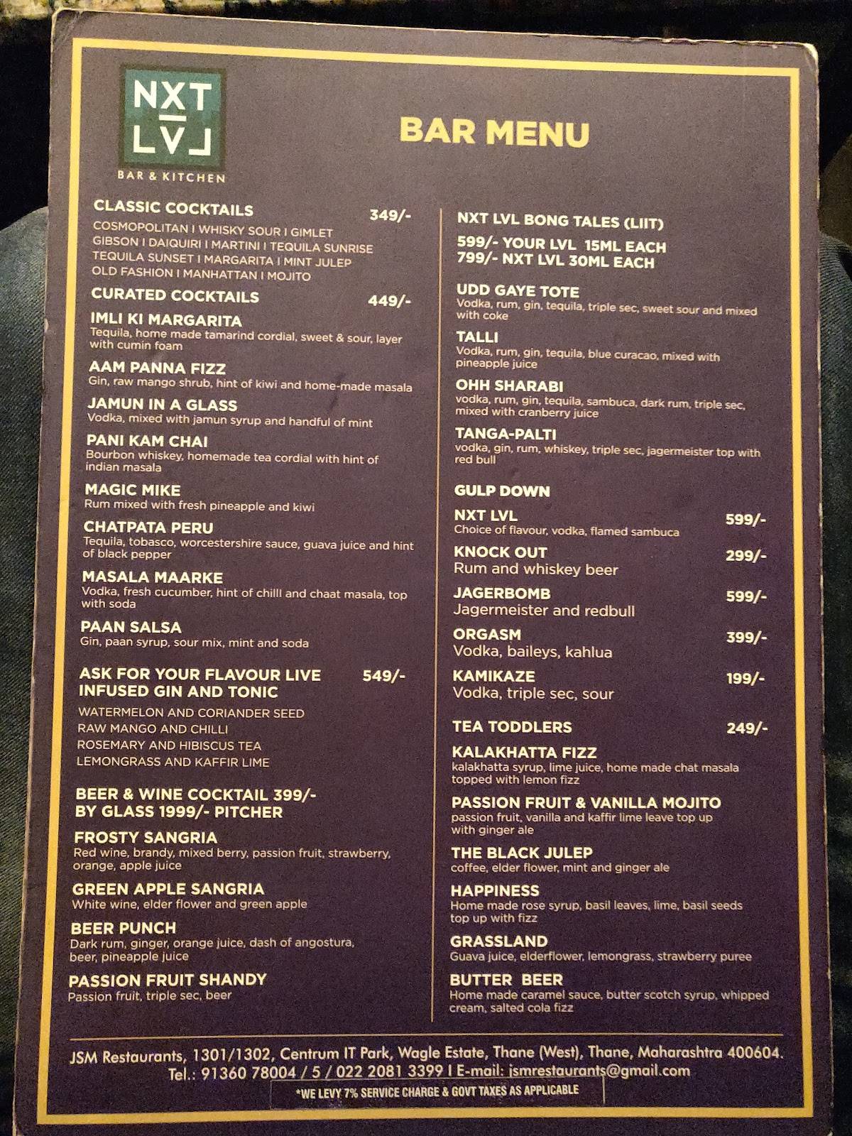 Menu at NXT-LVL, Thane