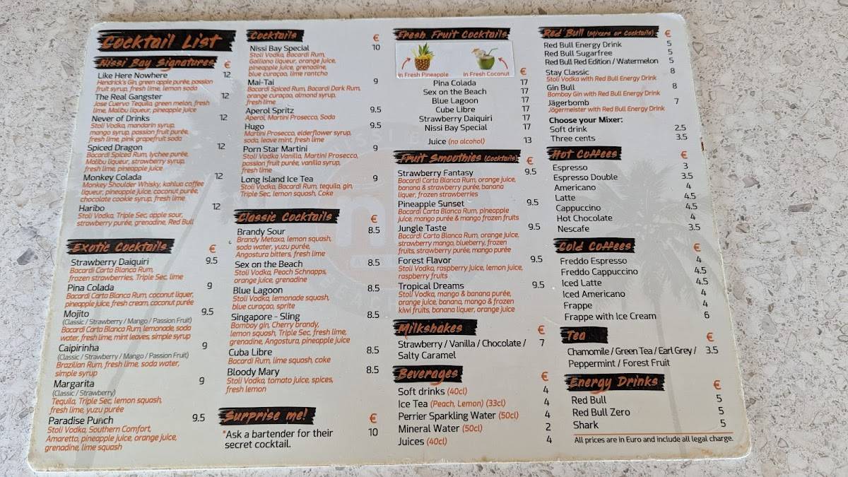 Menu at Nissi Bay Beach Bar, Ayia Napa, 85