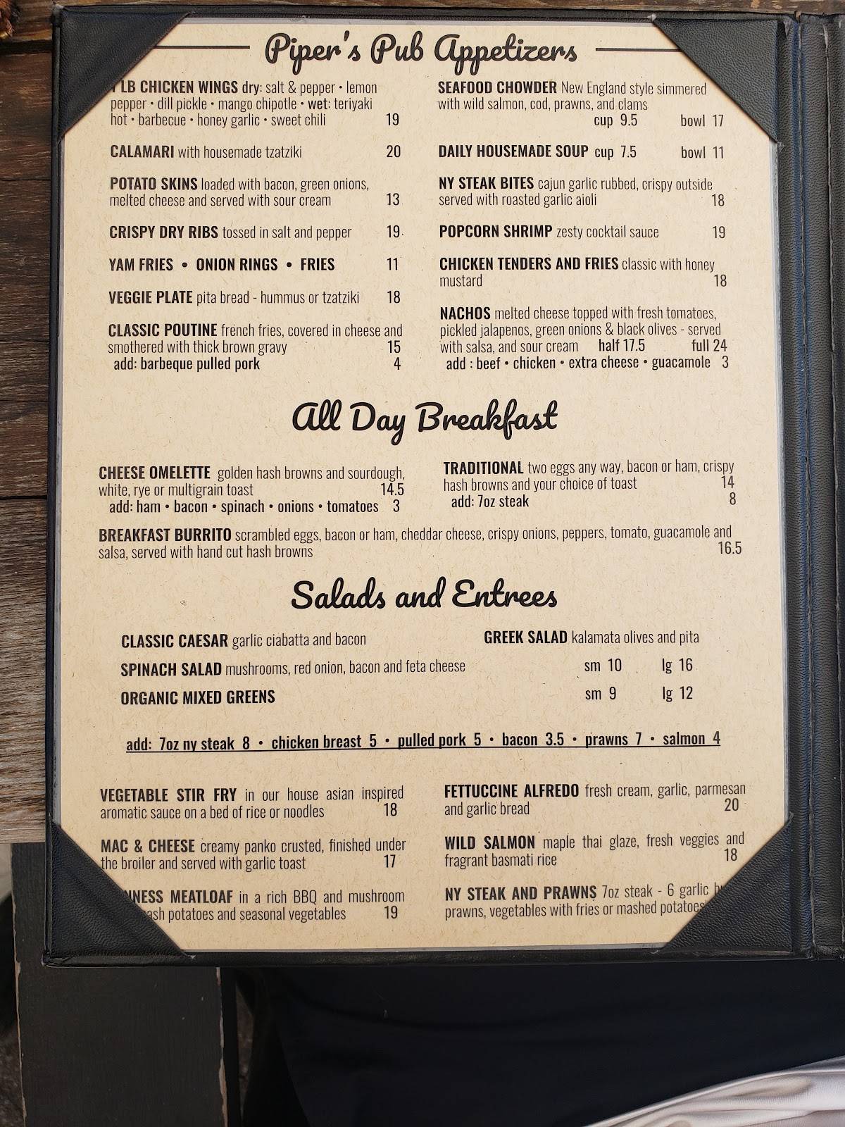 Menu at Piper's Pub, Nanaimo