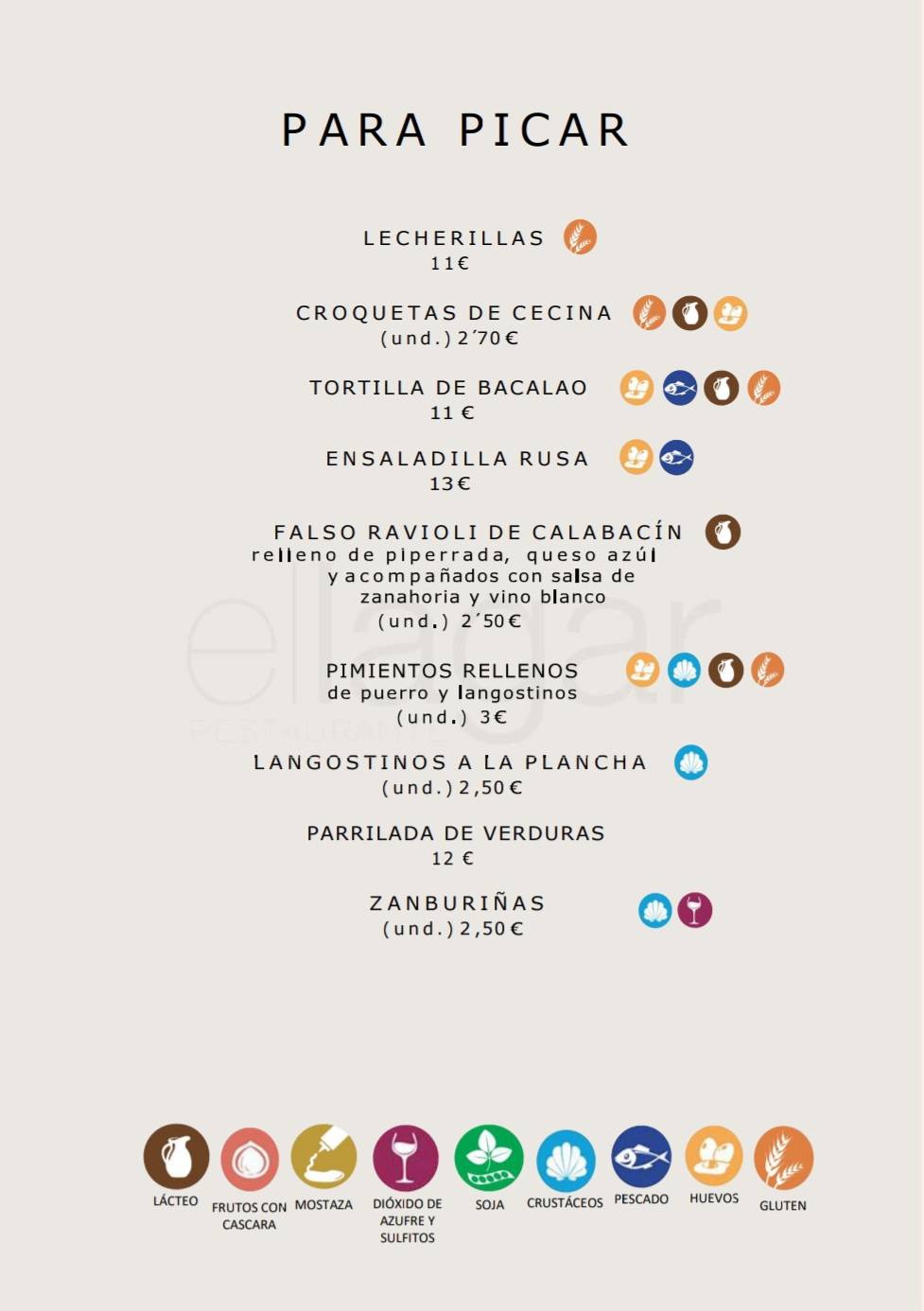 Carta de Restaurante El Lagar, Logroño