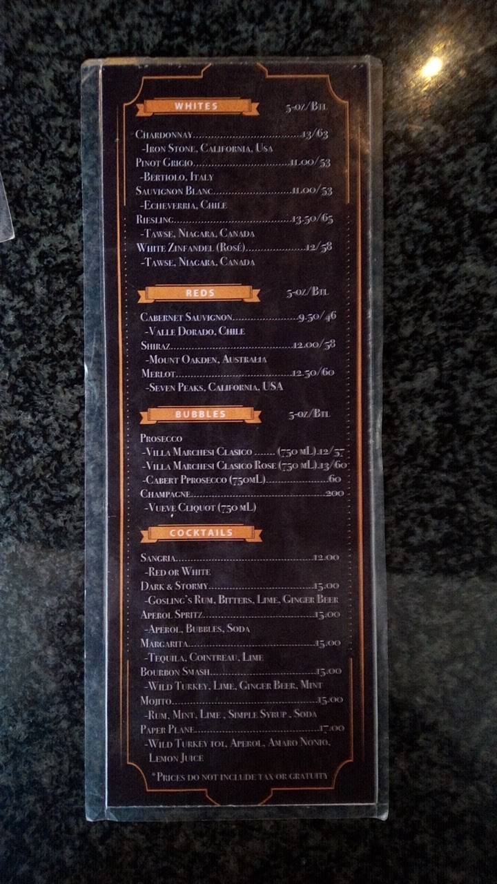 Menu at Rex's pub & bar, Toronto, 635 Bay St.