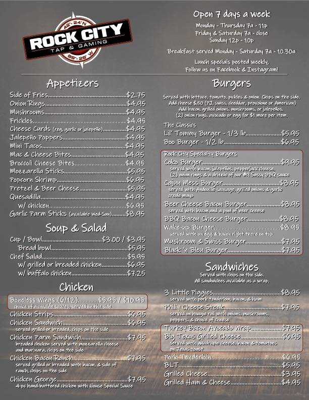 Menu at Rock City Tap Inc pub & bar, Rock City