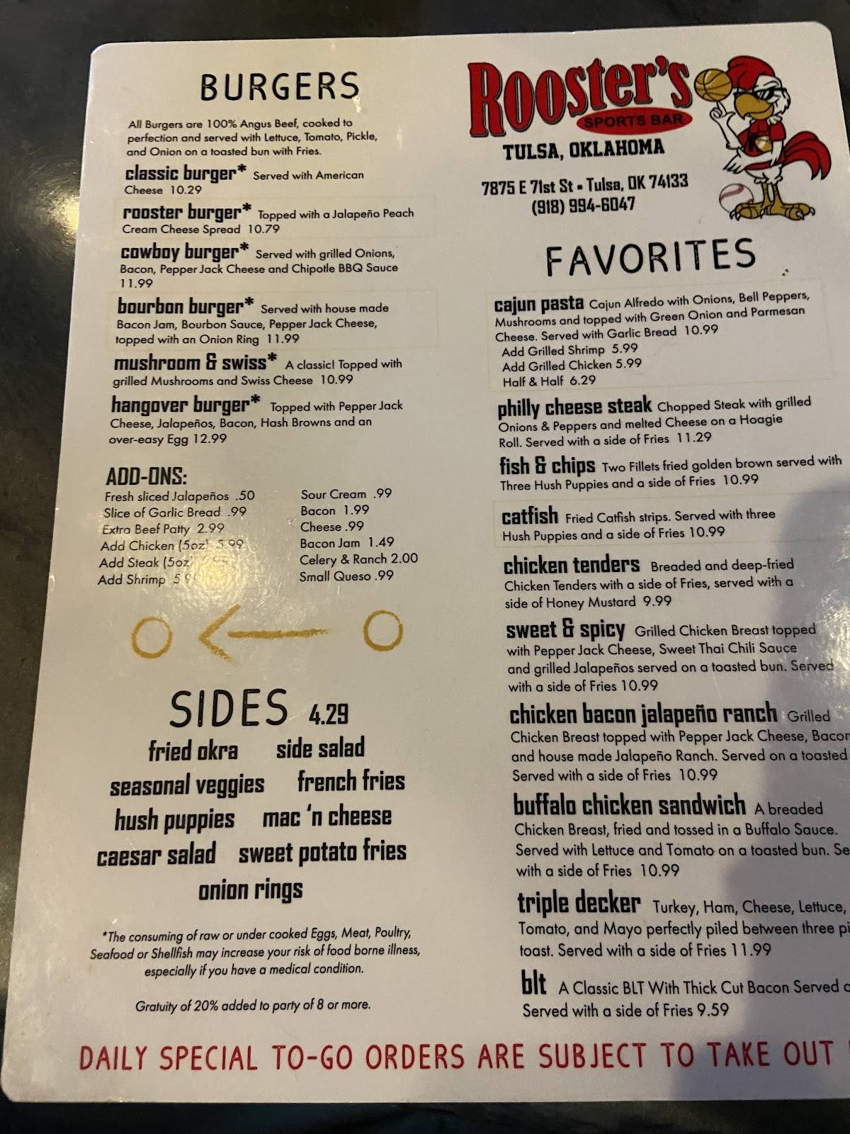 Menu at Roosters Sports Bar - Tulsa, Tulsa