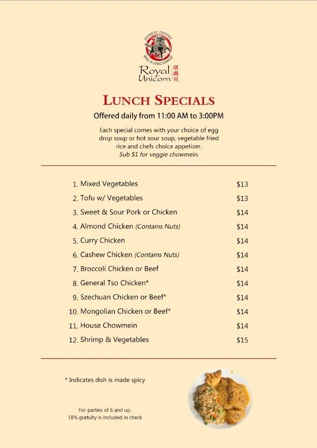Menu at Royal Unicorn Restaurant, Shoreline