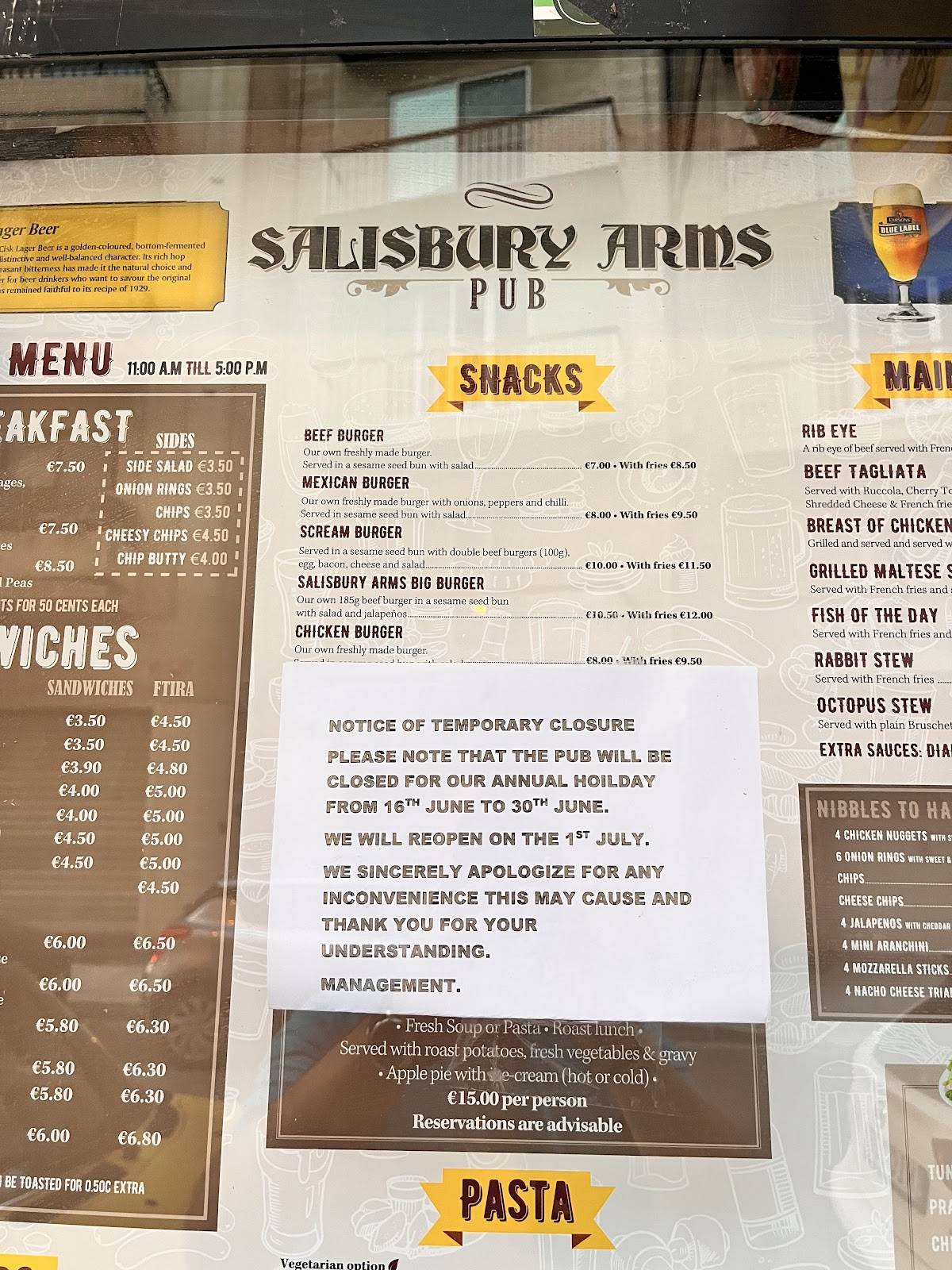 Menu at Salisbury Arms pub & bar, Sliema