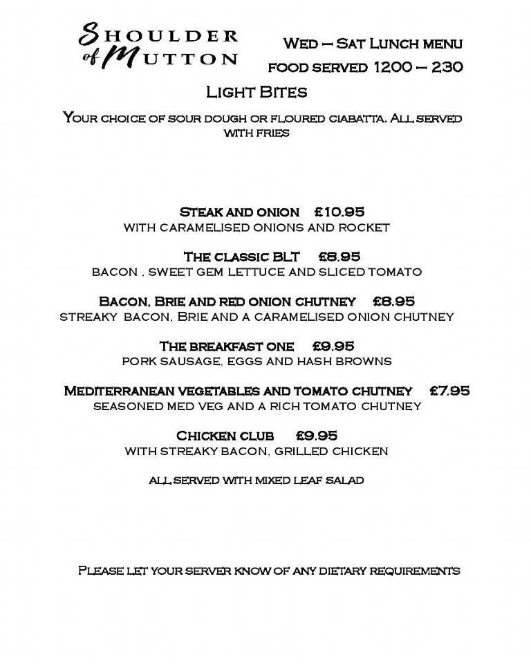 Carta del pub y bar Shoulder Of Mutton, Market Harborough, 9 The Grn