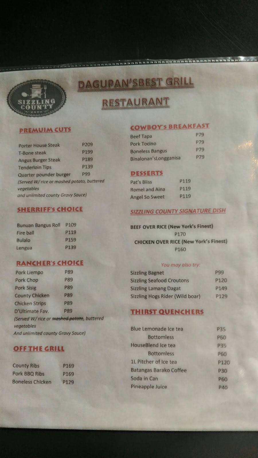 Menu at Sizzling County restaurant, Dagupan, Unit 9