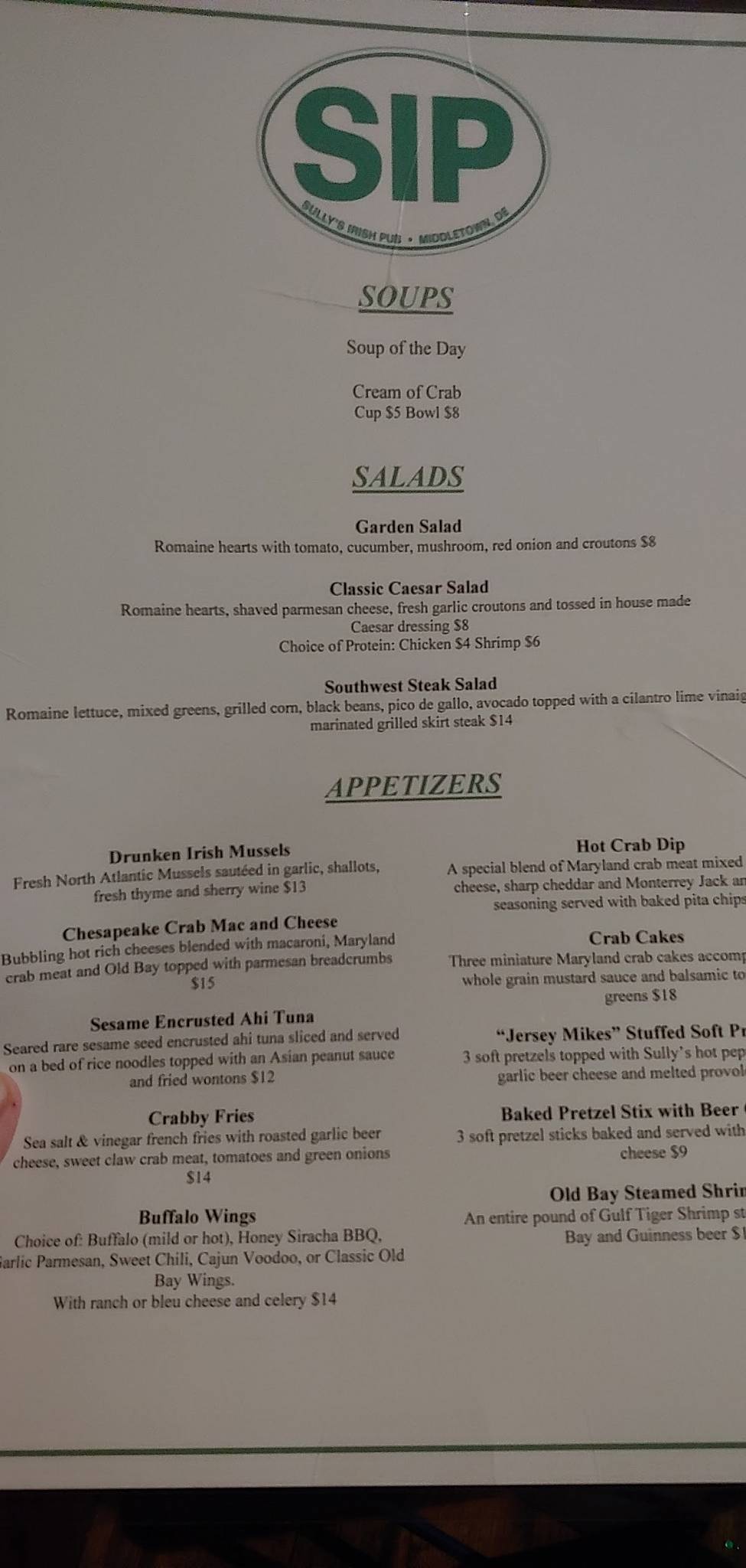 Menu at Sully's Irish Pub, Middletown