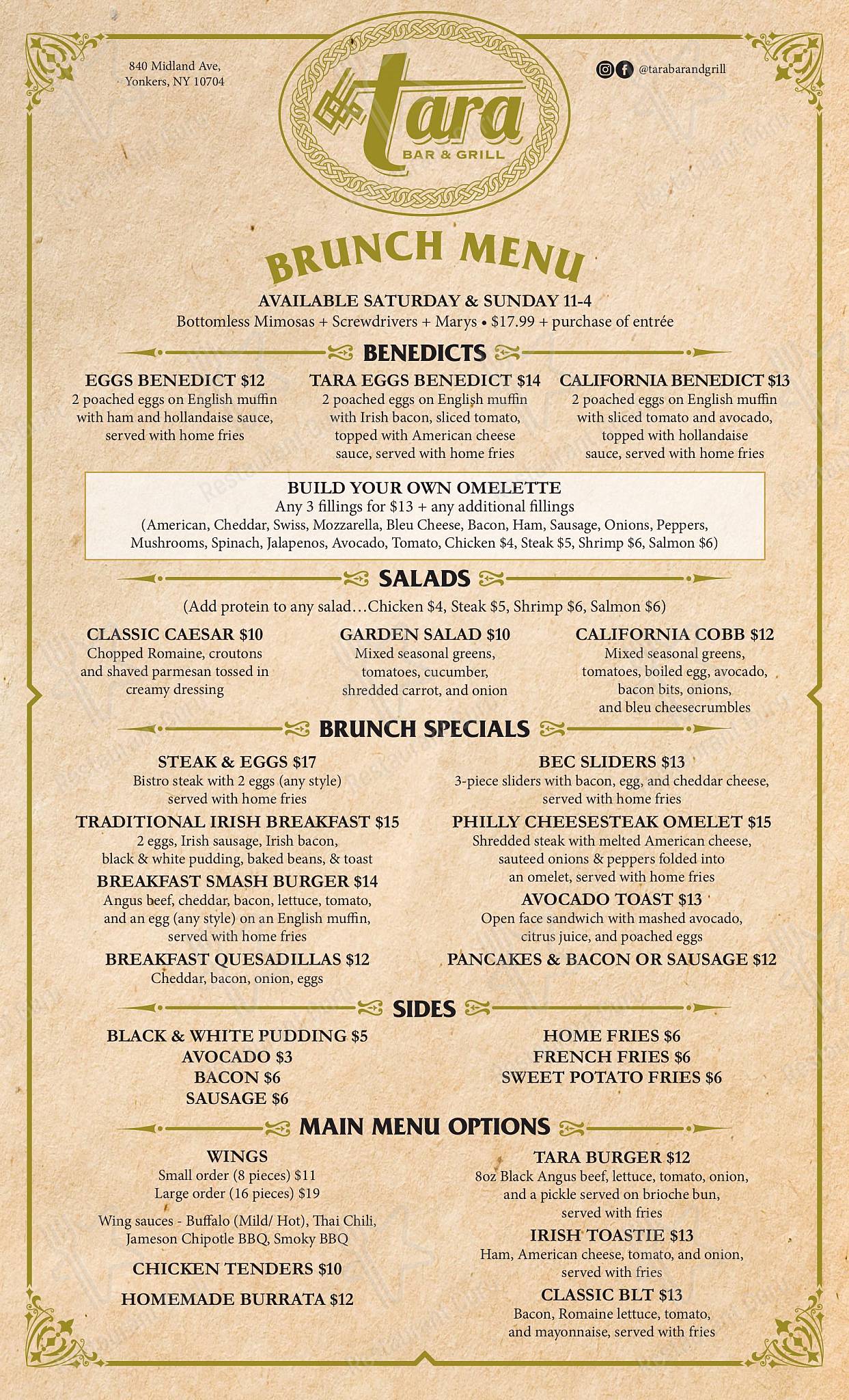 Menu at Tara Bar & Grill, Yonkers