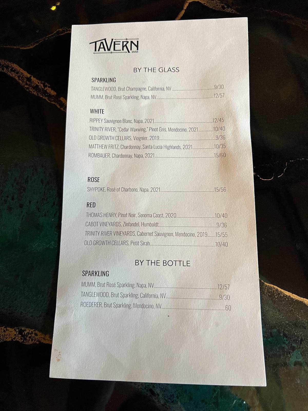 Menu at Tavern 1888 pub & bar, Eureka