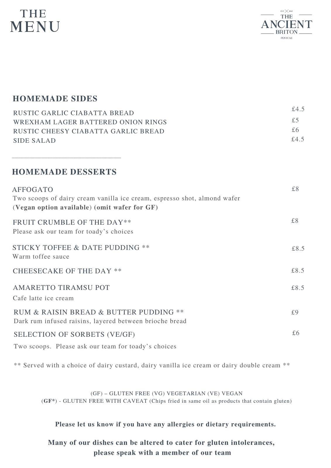 Menu at The Ancient Briton pub & bar, Pen-y-cae