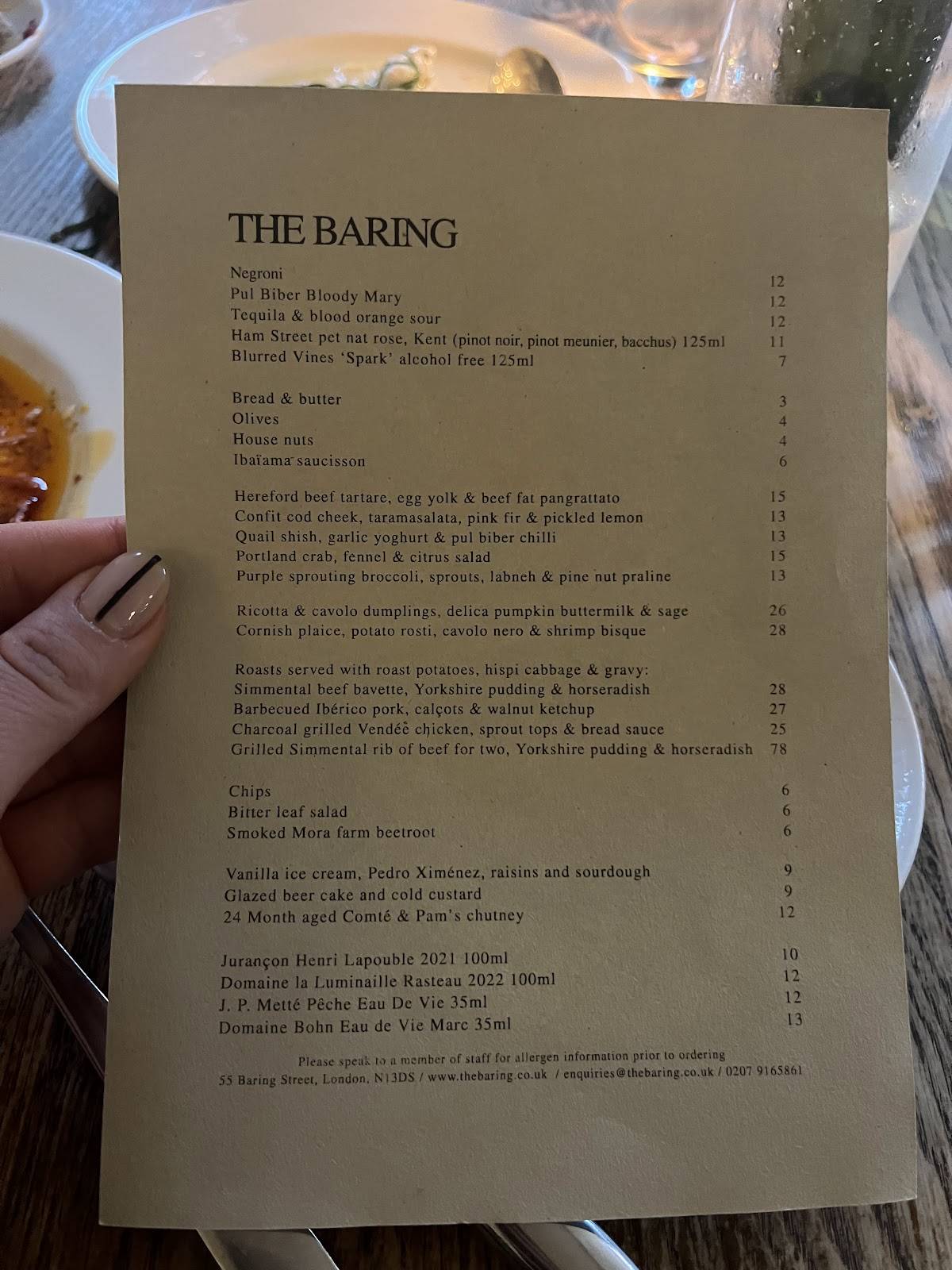 Menu at The Baring, London, 55 Baring St