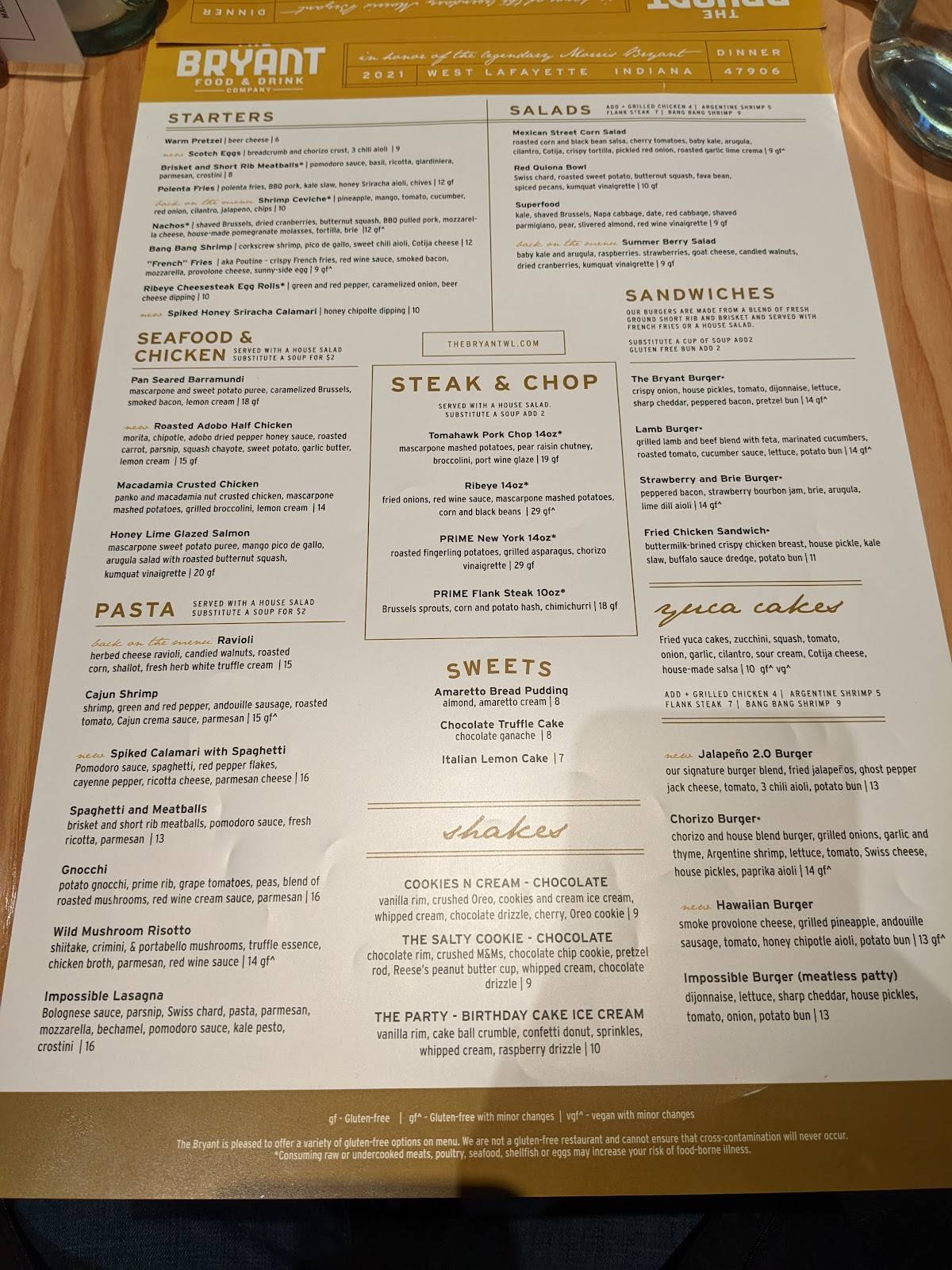 Menu at The Bryant pub & bar, West Lafayette, Sagamore Pkwy W