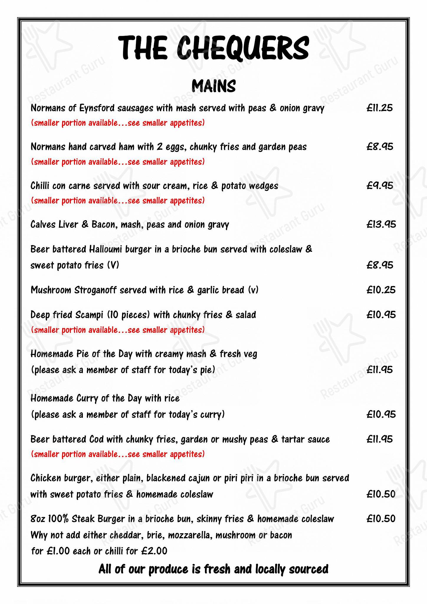 Menu at The Chequers pub & bar, Swanley, Cray Rd