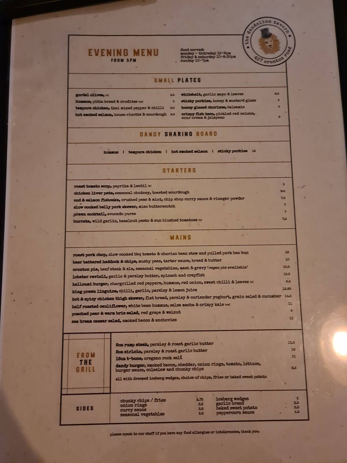Menu at The Dandelion Tavern pub & bar, Widnes