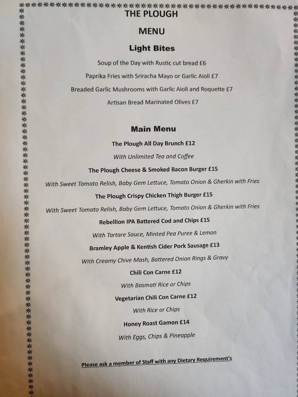 Menu at The Plough Hyde Heath pub & bar, Amersham, Hyde Heath Rd