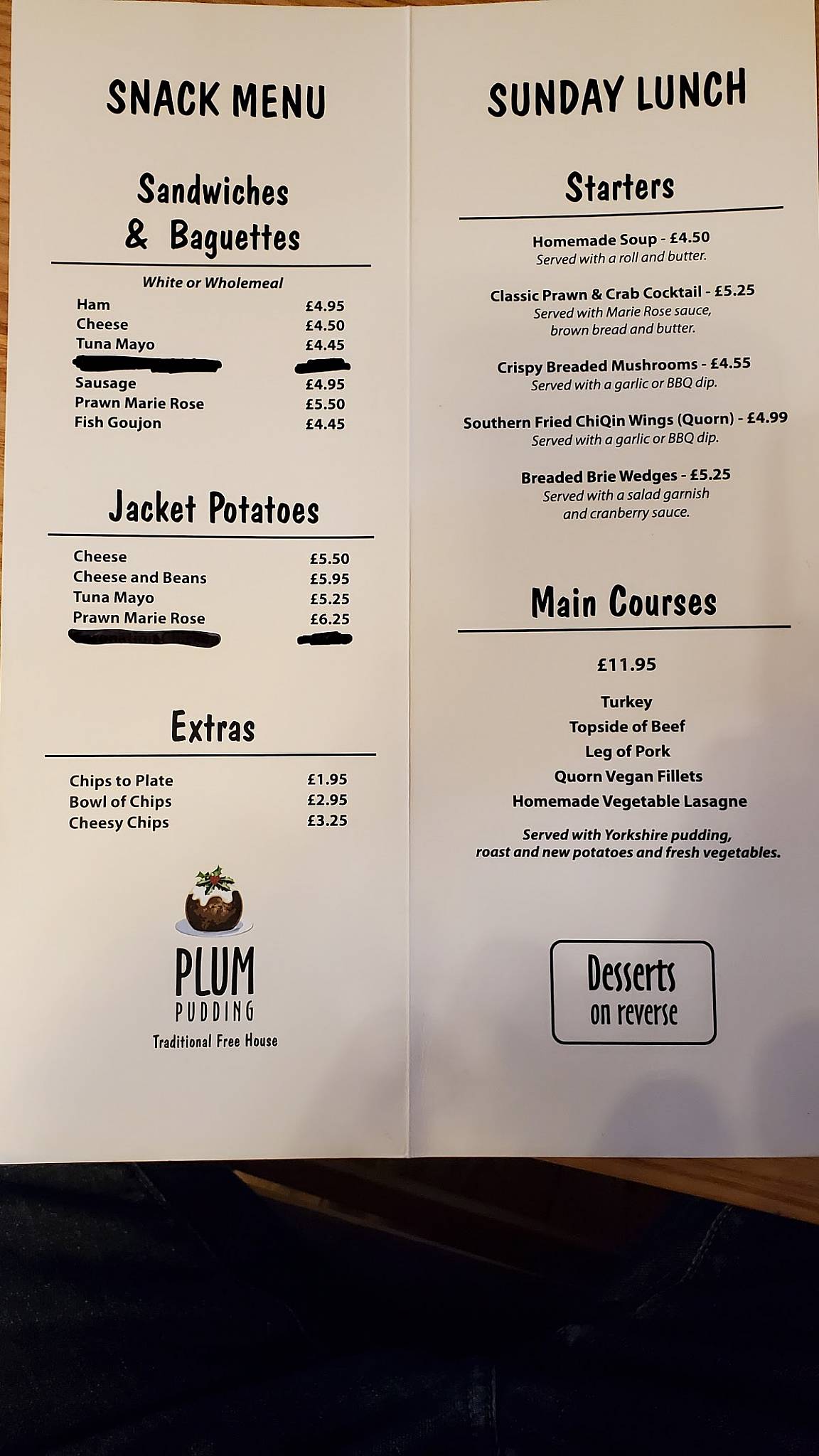 Menu at The Plum Pudding Inn pub & bar, Rugeley