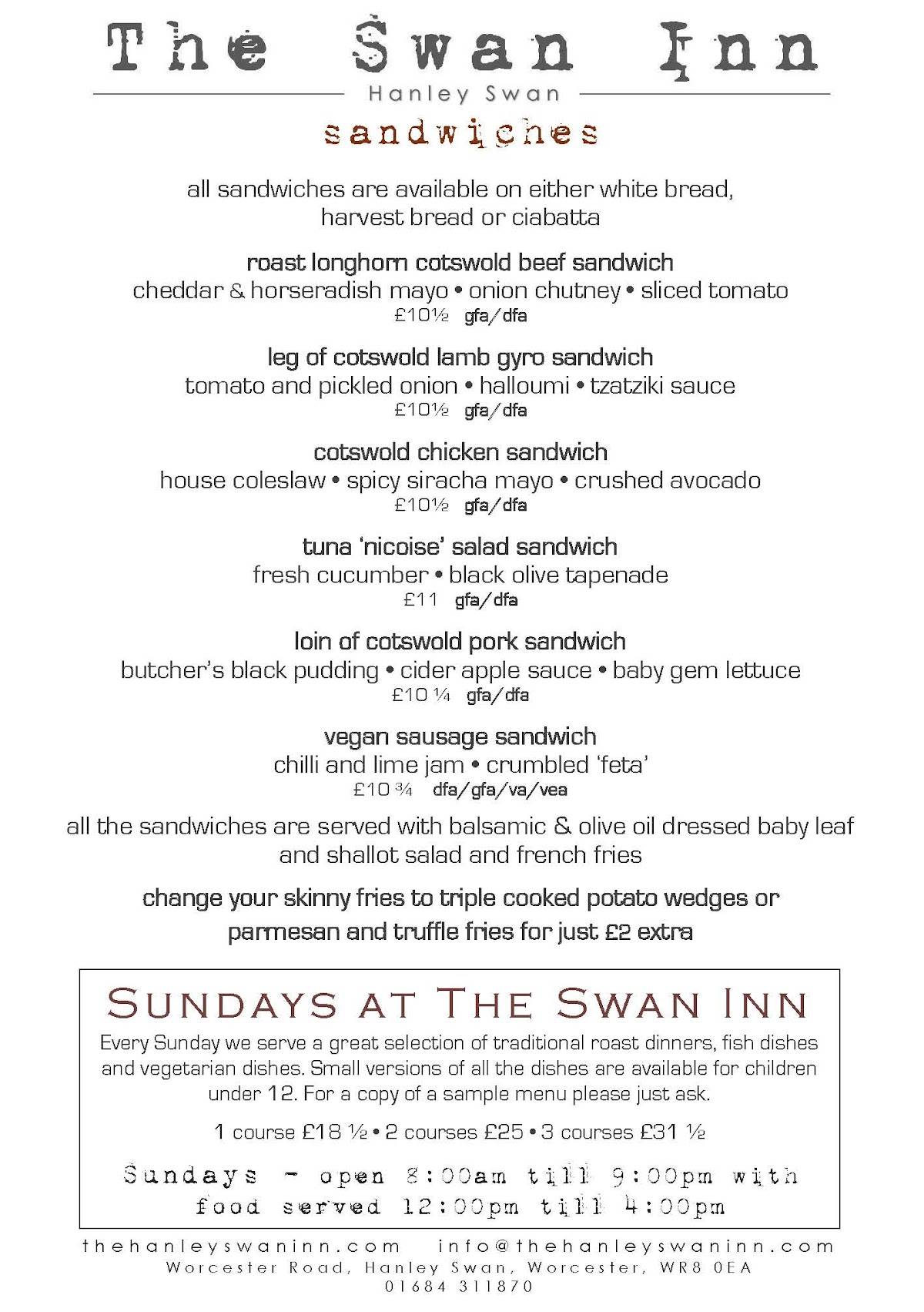 Menu at The Swan Inn pub & bar, Hanley Swan, Road