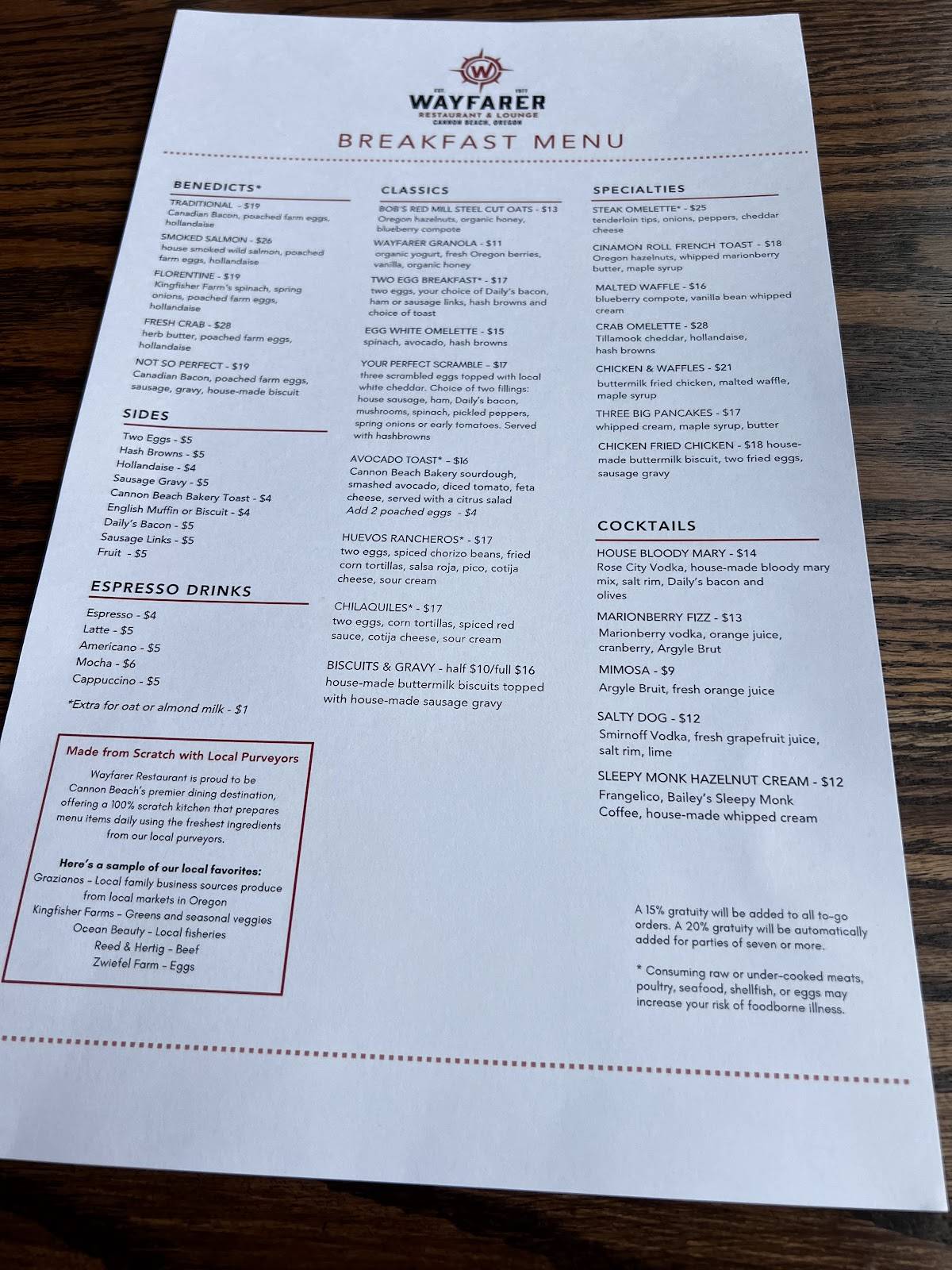 Menu at The Wayfarer Restaurant & Lounge, Cannon Beach