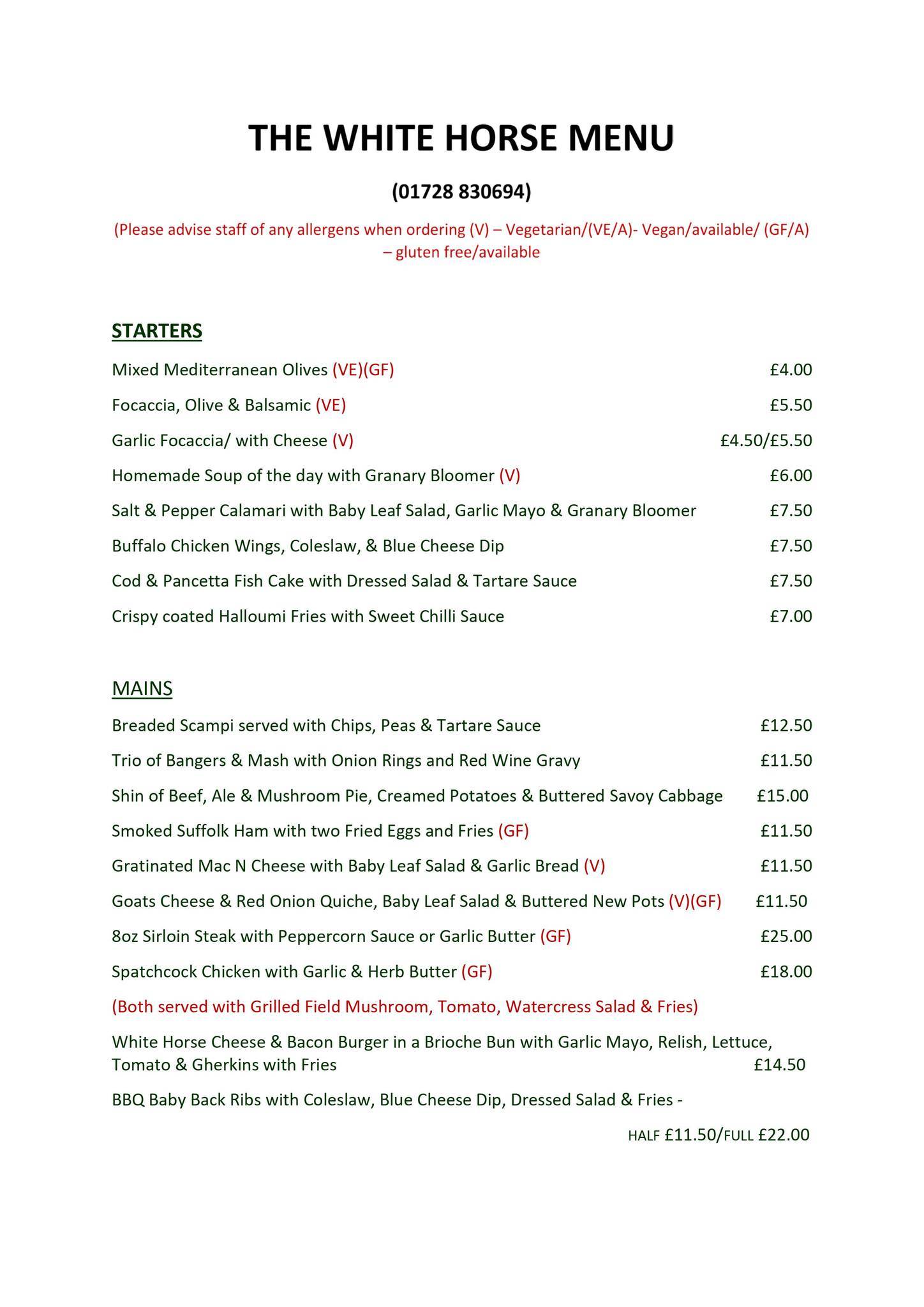 Menu at The White Horse Hotel pub & bar, Leiston